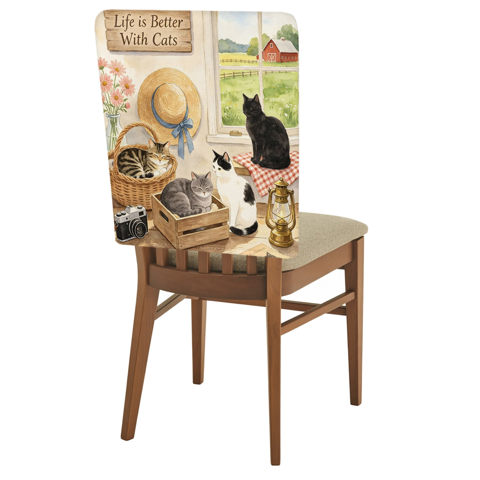Black Cats Chair Back Covers Set of 8 Rustic Basket Hat Pink Flower ...