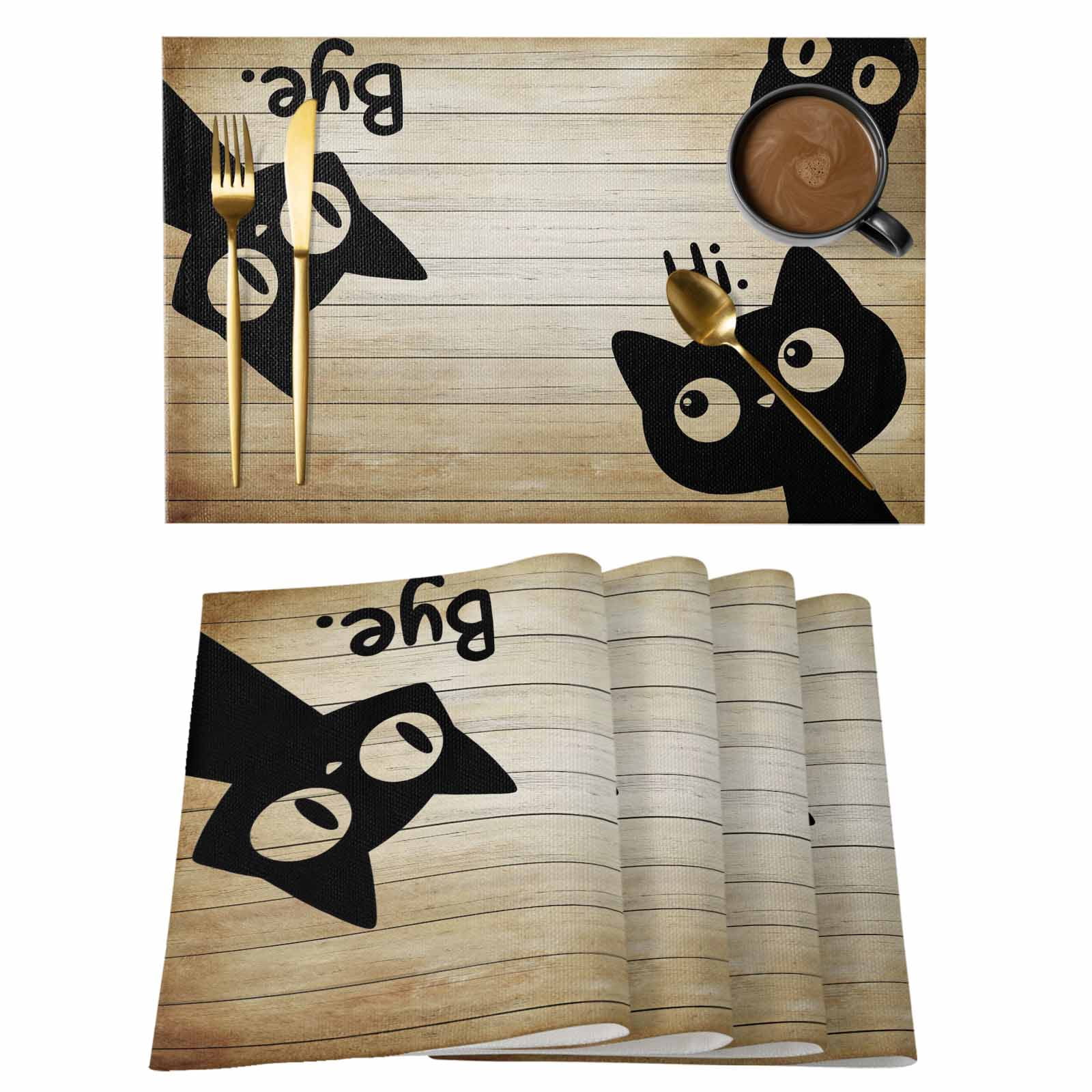 Black Cats Cotton Linen Placemats Set of 12, Cute Funny Cat Say Hi Bye ...