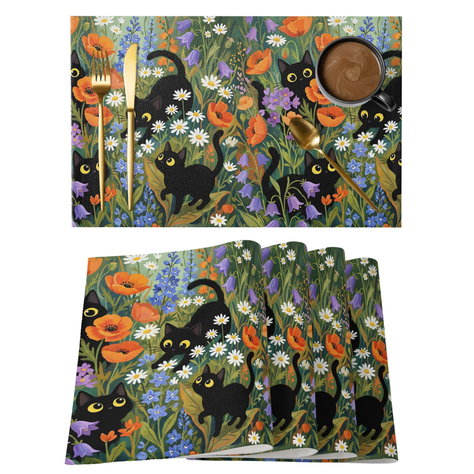 Black Cats Cotton Linen Placemats Set of 12, Red Purple Wildflowers ...