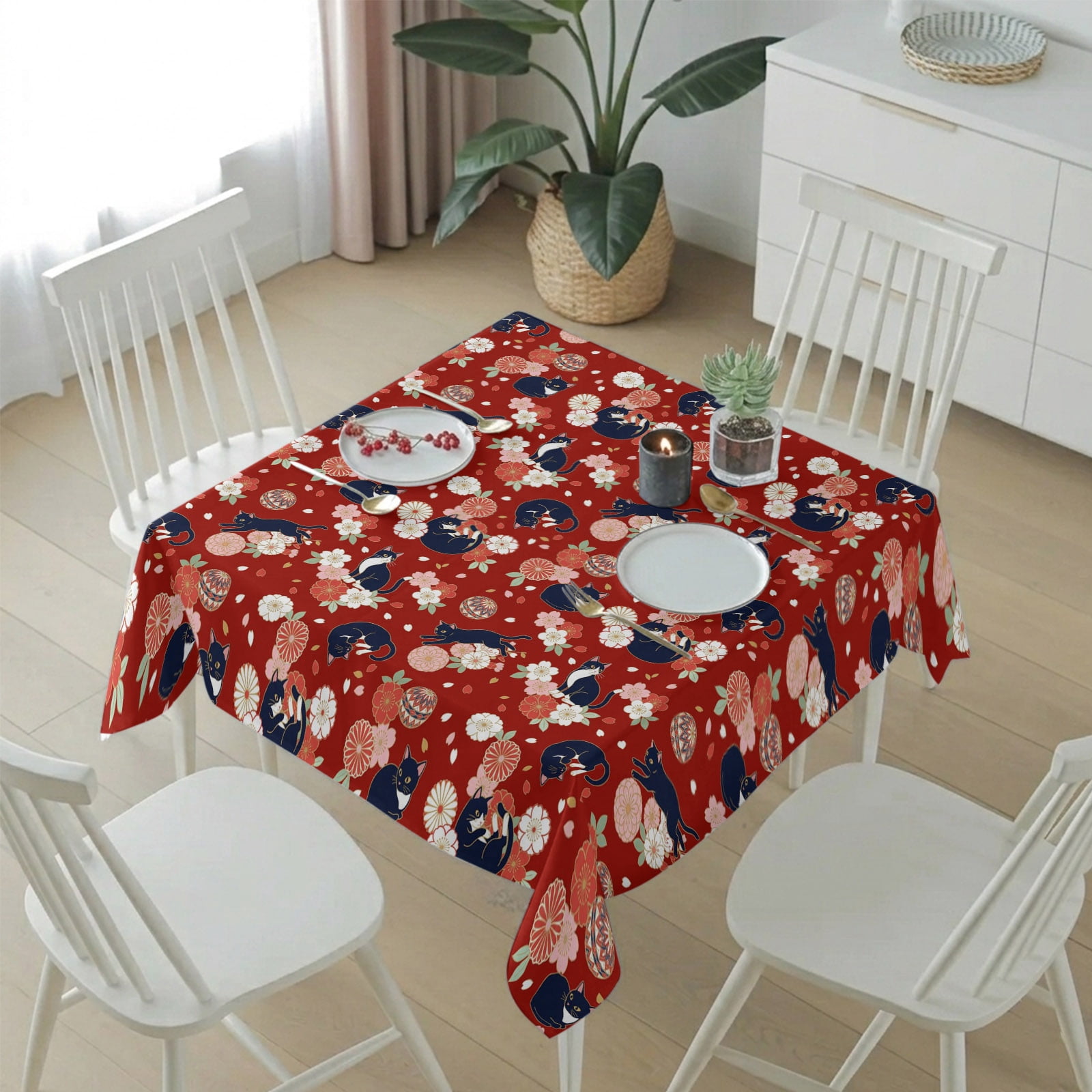 Black Cats Floral Petals on Red Table Cloth 54x54in, Waterproof Square ...