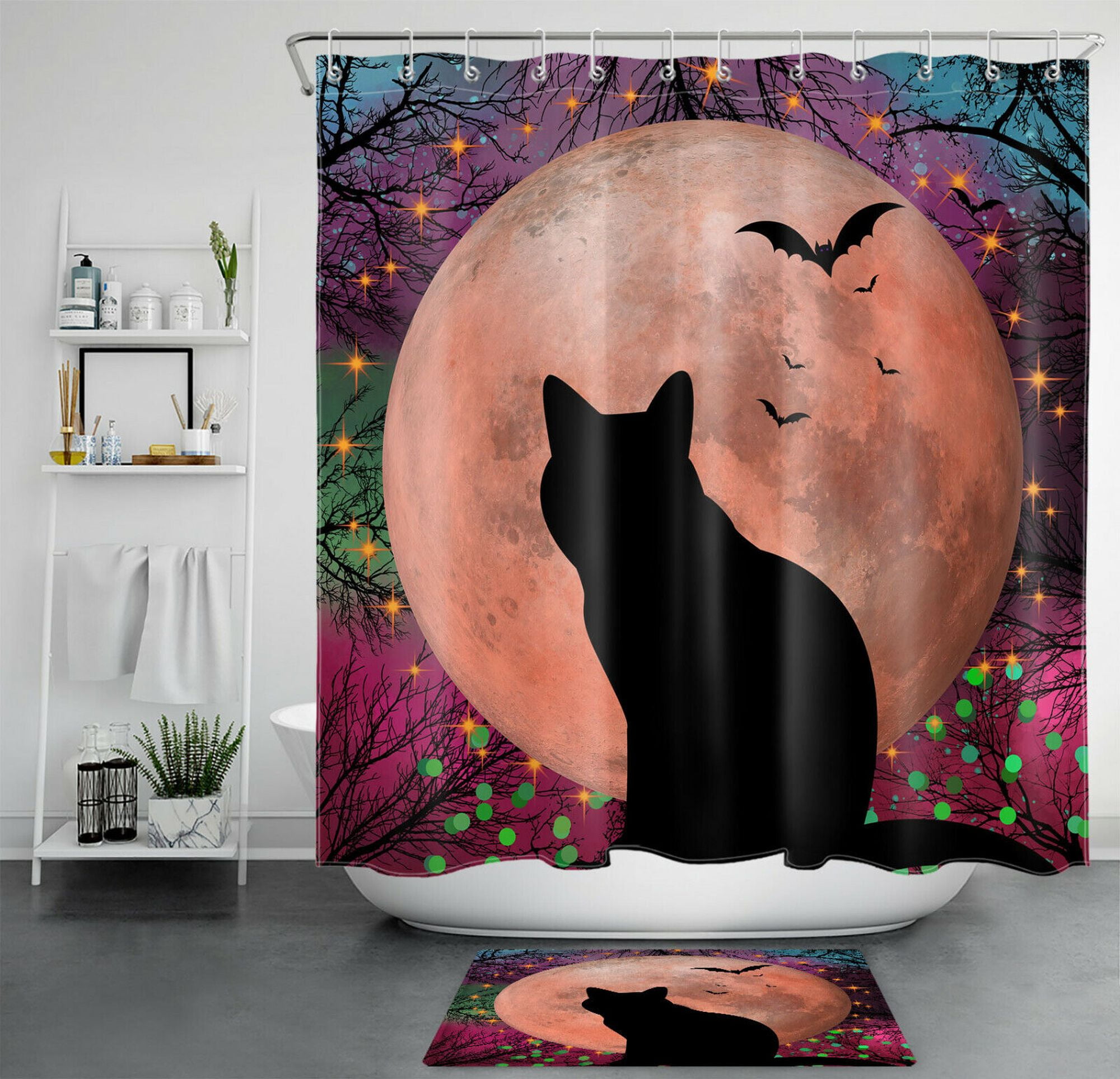 Black Cats And Full Moon Spooky Shower Curtain Sets The Scene For