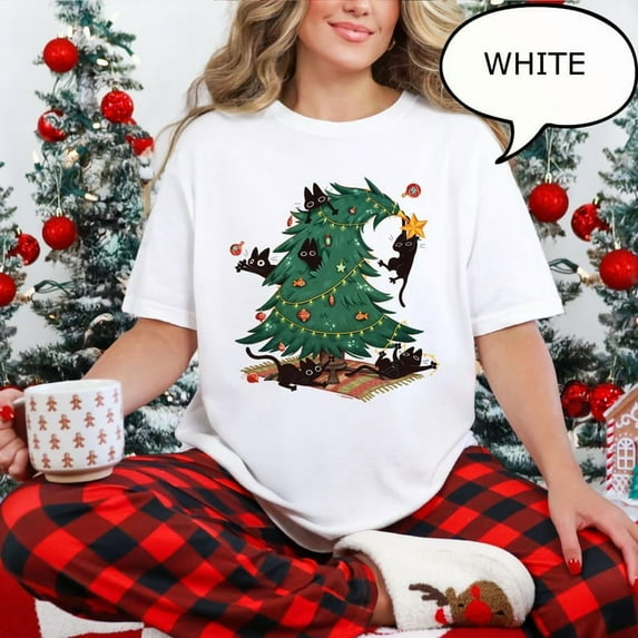 Black Cats Holiday Tree Tee with Cute Winter Illustration – Unisex Cotton T-Shirt, Sizes S-5XL ...