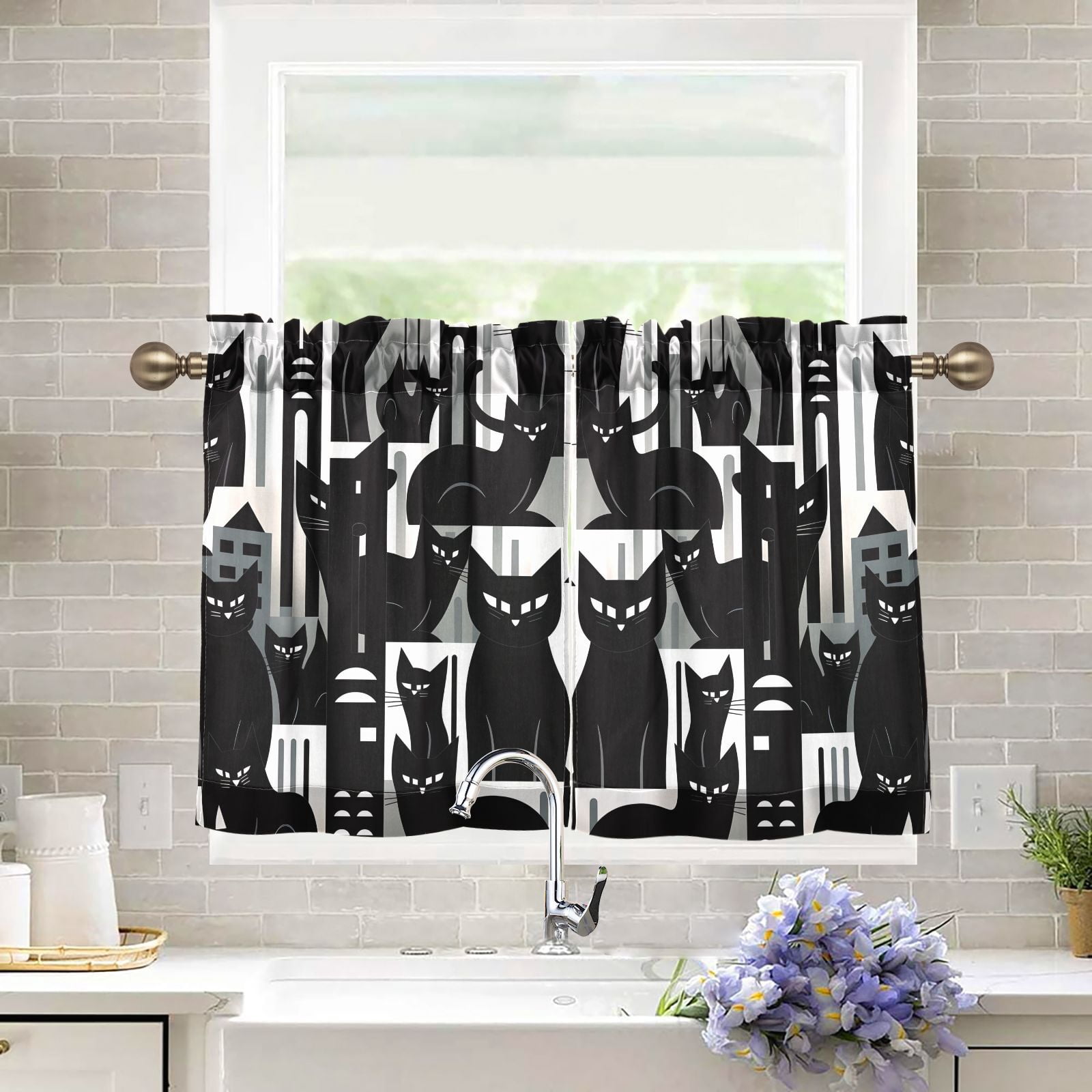Black Cats Houses Kitchen Curtains Half Tier Curtain 2 Rod Pockets ...