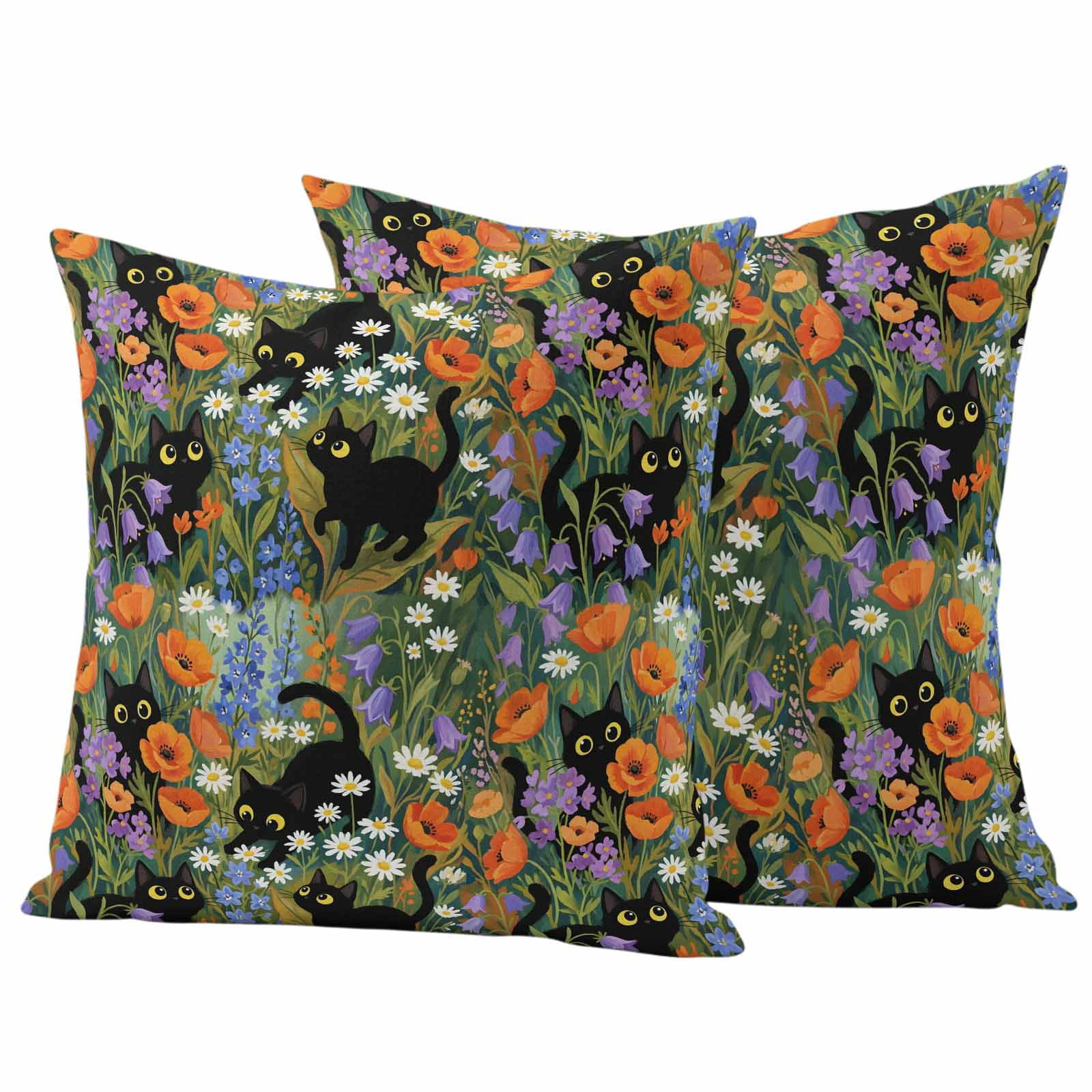 Black Cats Outdoor Pillow Covers Set of 2 Red Purple Wildflowers Daisy ...