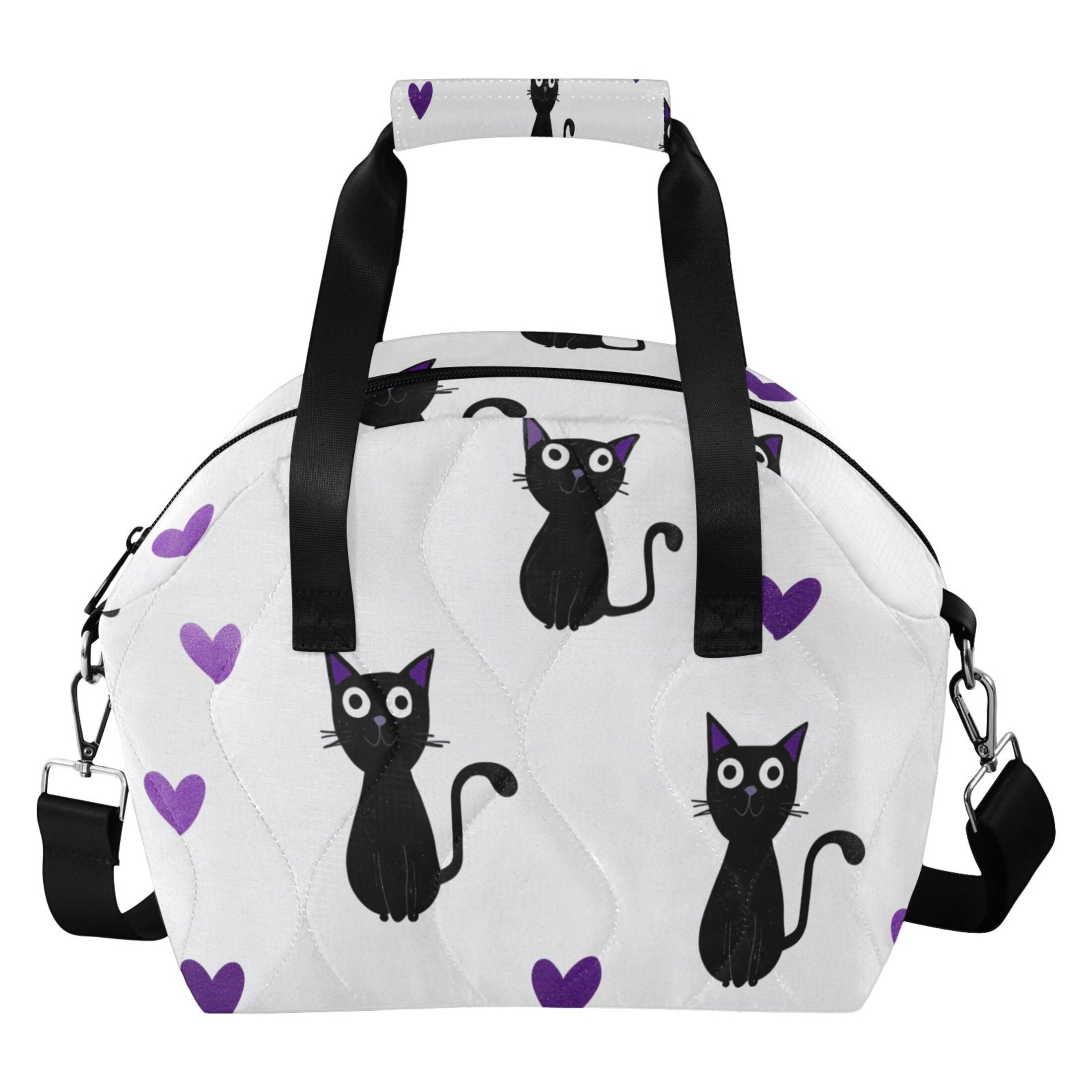 Black Cats Purple Hearts Valentine Insulated Lunch Bag Reusable Quilted ...