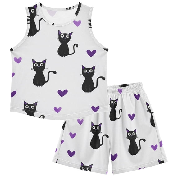 Black Cats Purple Hearts Valentine Pajamas Set Sleeveless Sleepwear ...