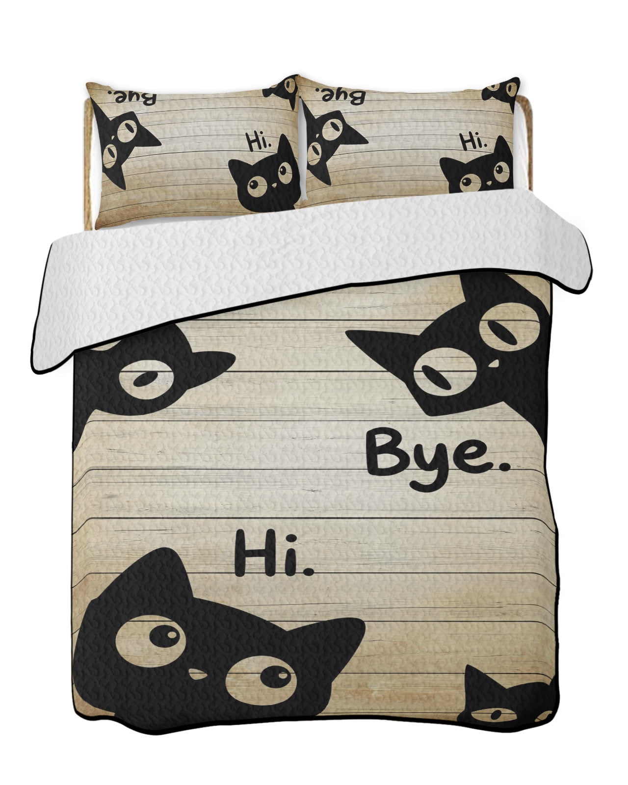 Black Cats Quilts Bedding Set Full Size Cute Funny Cat Say Hi Bye Wood ...
