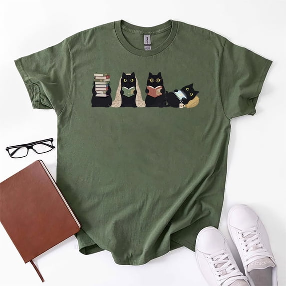 Black Cats Reading T-Shirt, Book Lover Cat Tee, Cozy Reader Gift ...