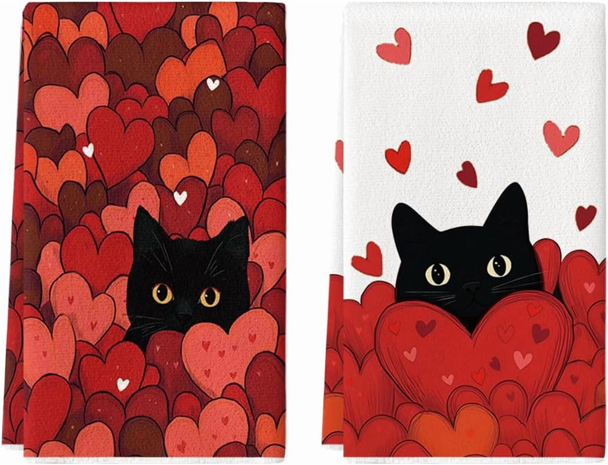 Black Cats Red Hearts Valentine''s Kitchen Towels Dish Towels, 18x26 ...