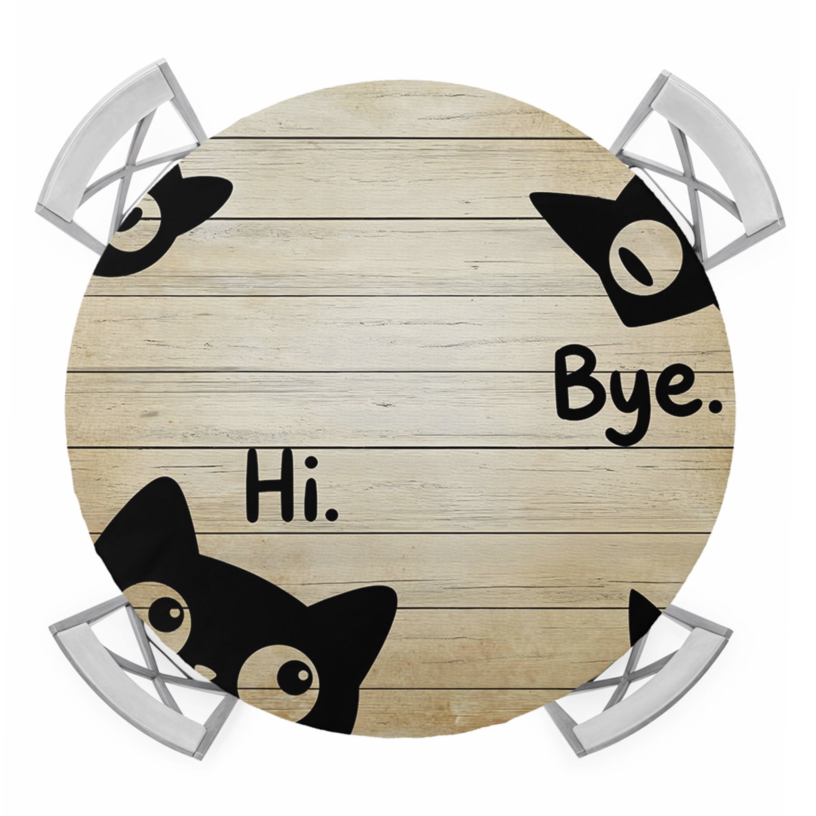 Black Cats Round Table Cover, Cute Funny Cat Say Hi Bye Wood Grain ...