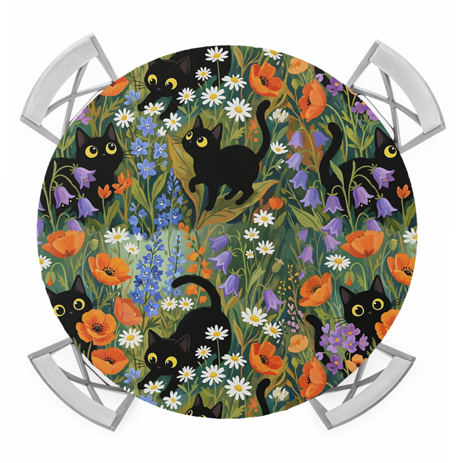 Black Cats Round Table Cover, Red Purple Wildflowers Daisy Spring ...