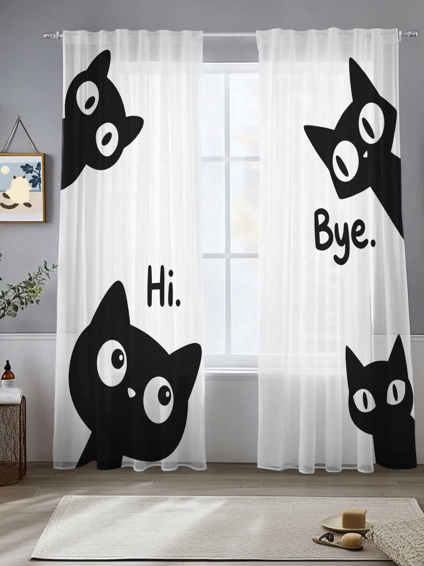 Black Cats Sheer Curtains 84 inches Long, Modern Cute Funny Cat Say Hi ...