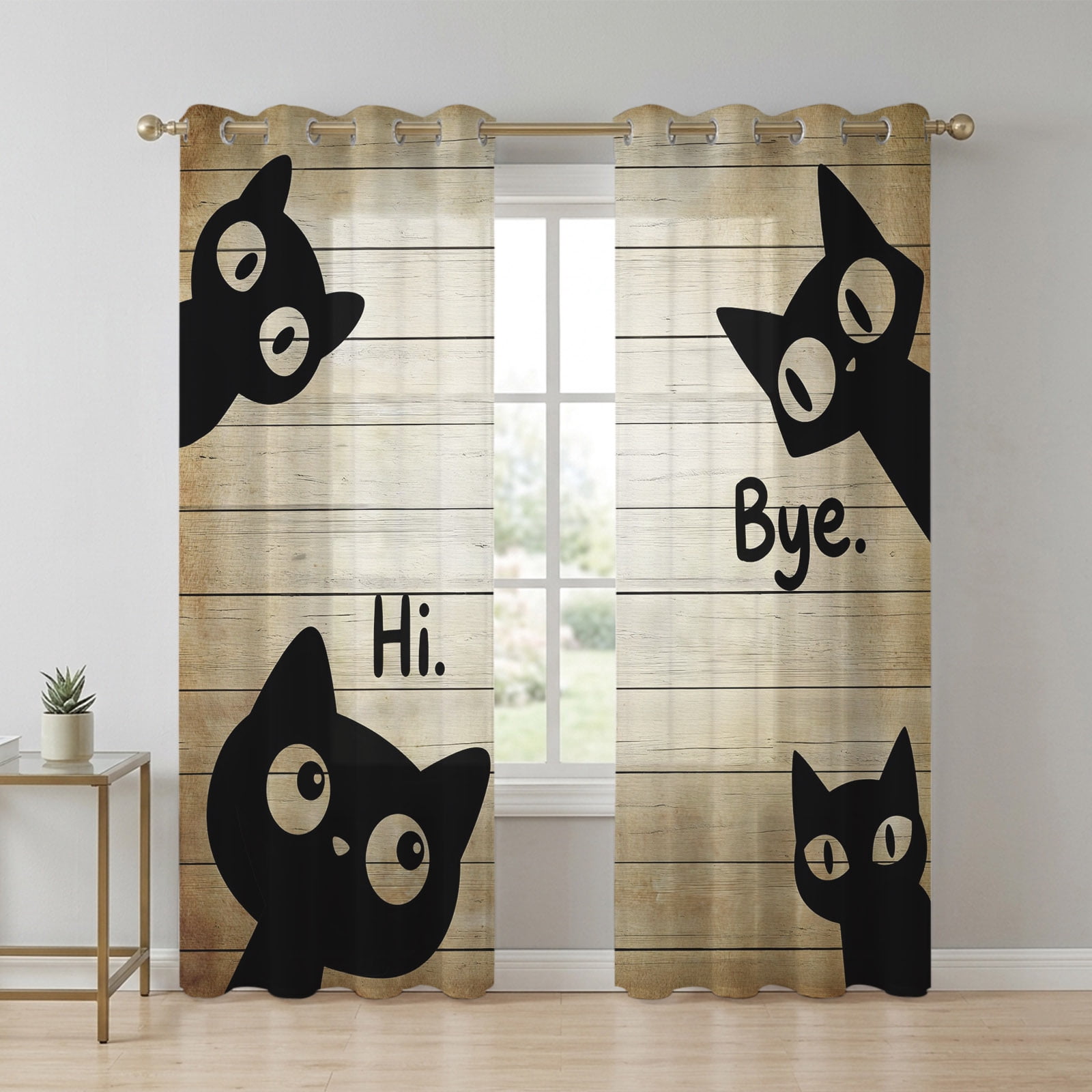 Black Cats Sheer Curtains 90 Inch Long 2 Panels, Cute Funny Cat Say Hi ...