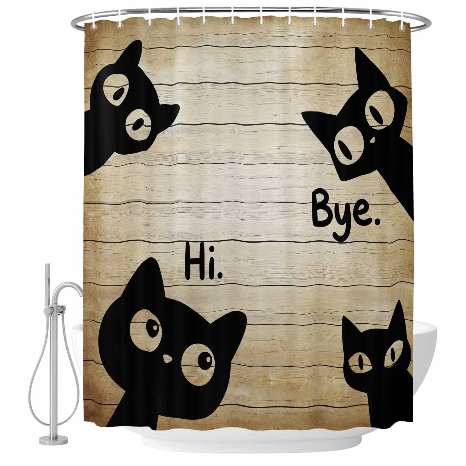 Black Cats Shower Curtain for Bathroom, Cute Funny Cat Say Hi Bye Wood ...