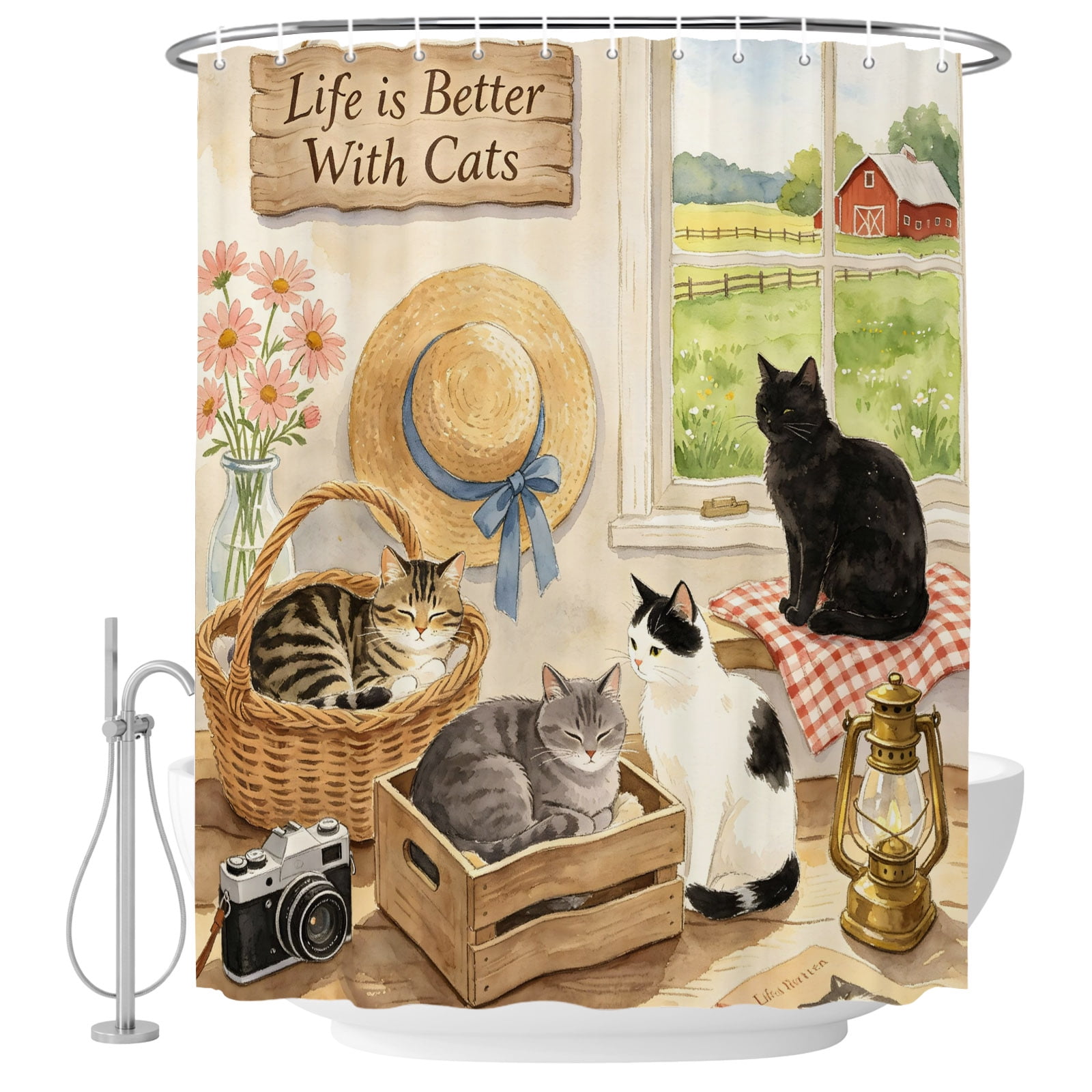 Black Cats Shower Curtain for Bathroom, Rustic Basket Hat Pink Flower ...