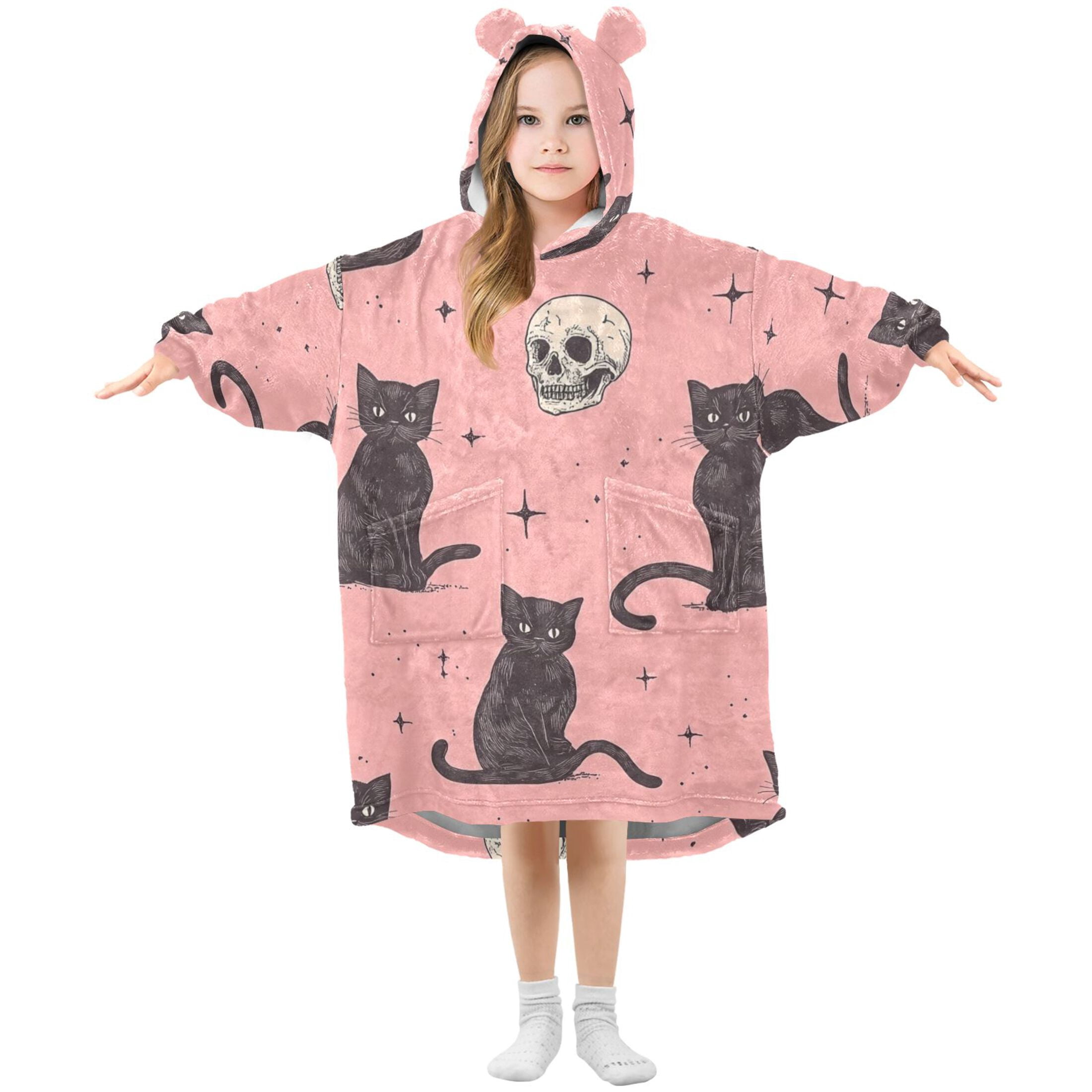 Black Cats Skulls Stars Flannel Wearable Blankets Hooded Design Long ...