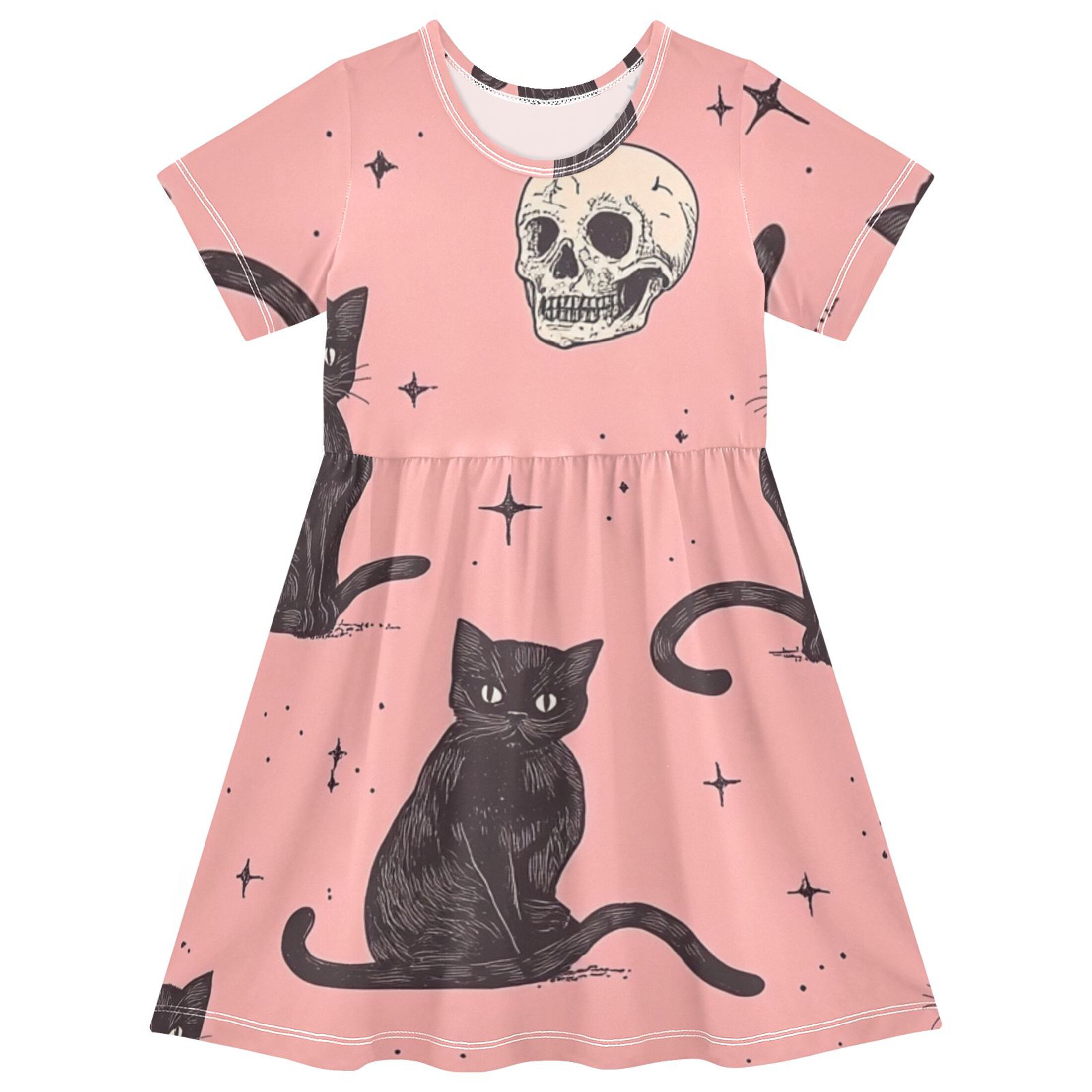Black Cats Skulls Stars Girls' Short Sleeve Dress A-Line One-Piece ...