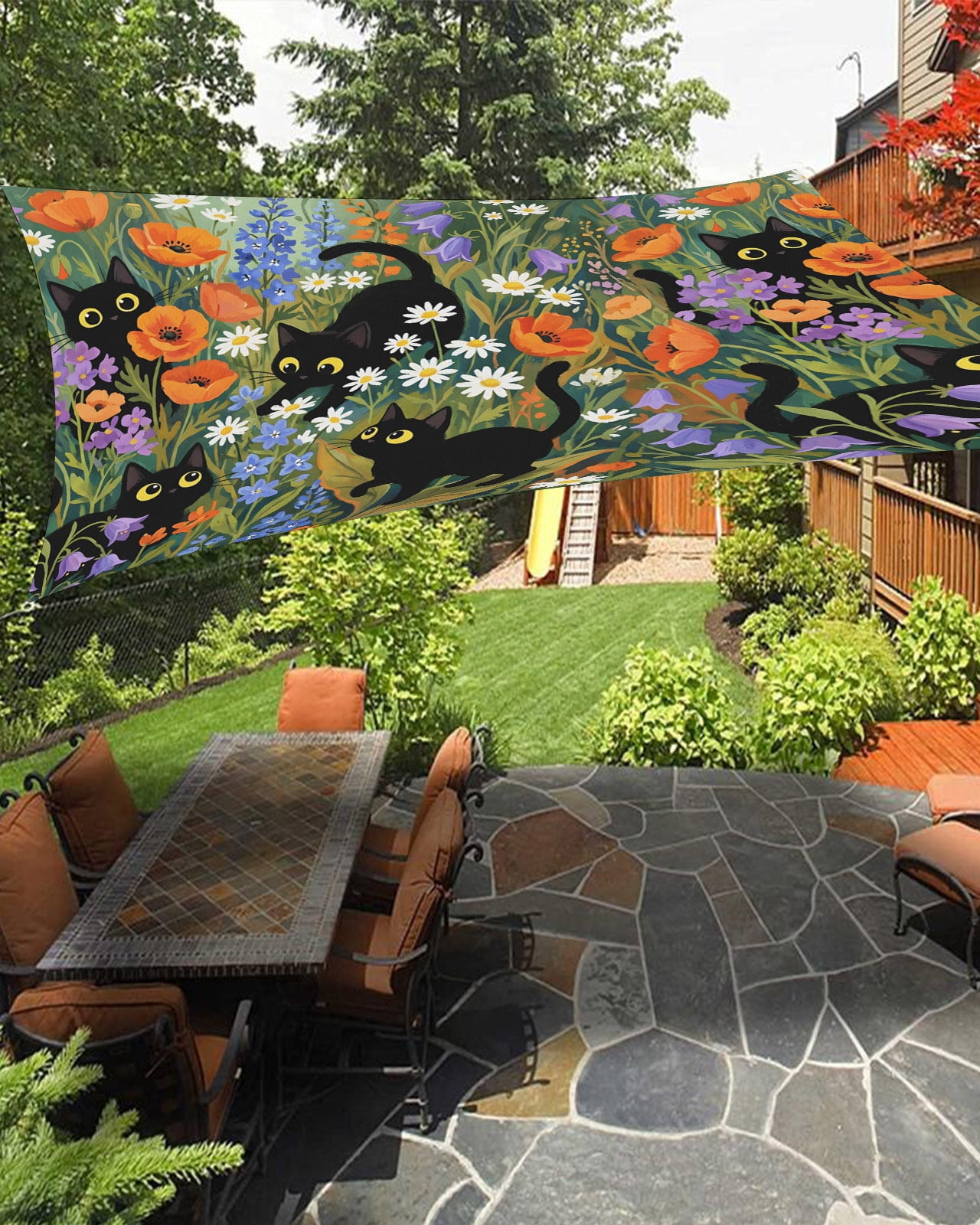 Black Cats Sun Shade Sail 6.5'X10' Red Purple Wildflowers Daisy Spring ...