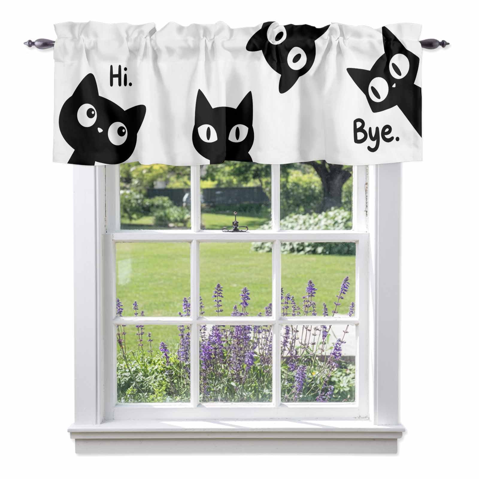 Black Cats Valances for Windows, Modern Cute Funny Cat Say Hi Bye ...