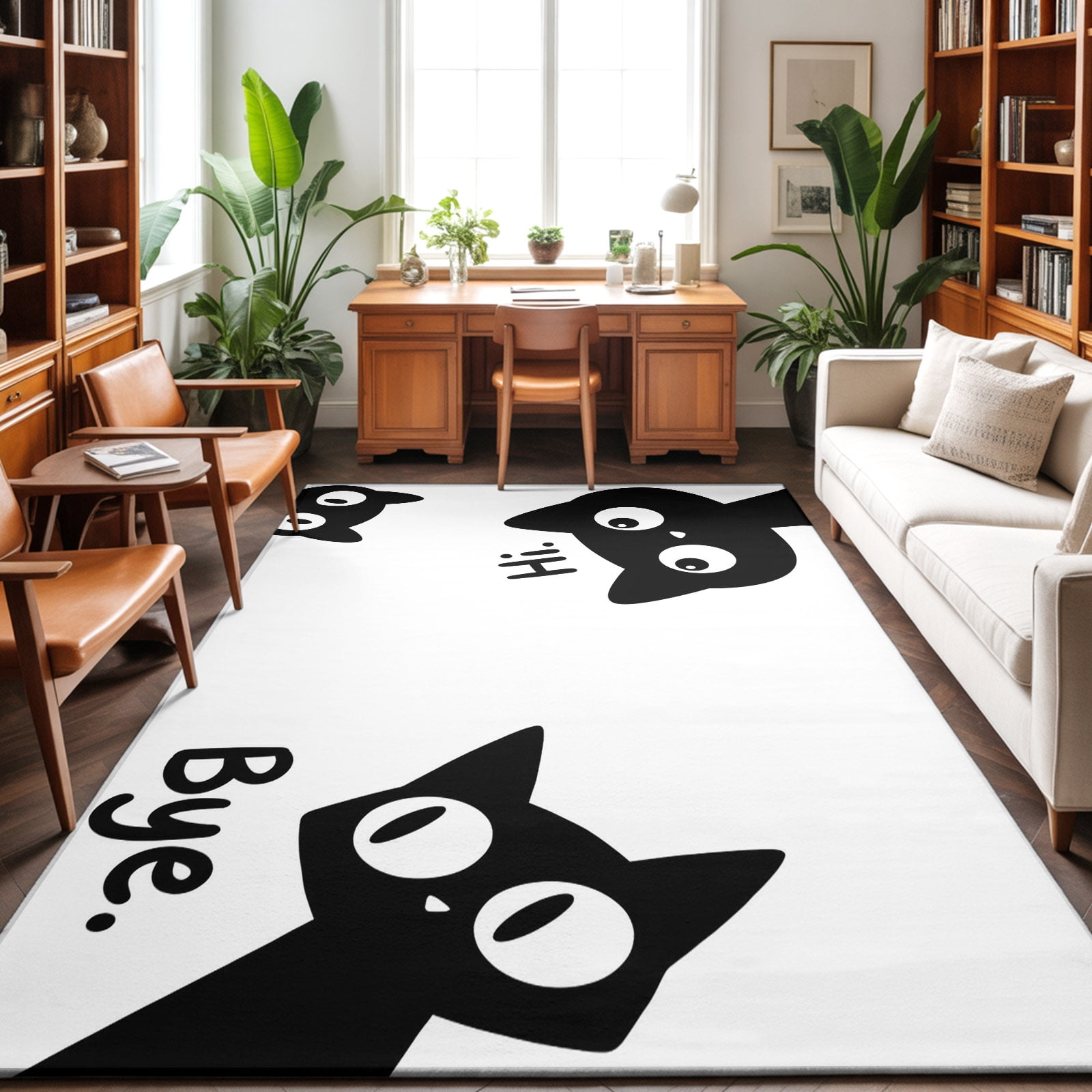 Black Cats Washable Area Rug 6 x 9 ft Modern Cute Funny Cat Say Hi Bye ...