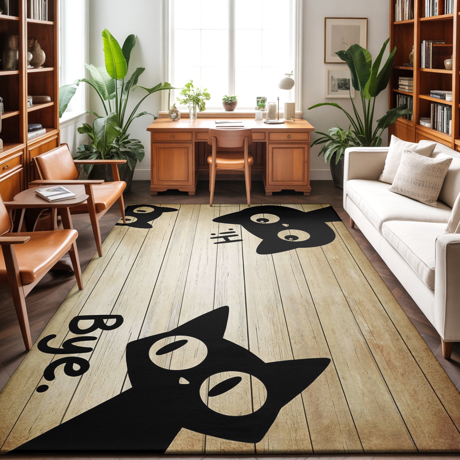 Black Cats Washable Area Rug 8 x 10 ft Cute Funny Cat Say Hi Bye Wood ...
