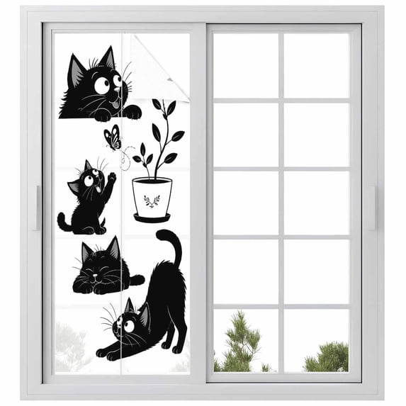 Black Cats Window Privacy Film Minimalist Cartoon Butterfly Potted ...