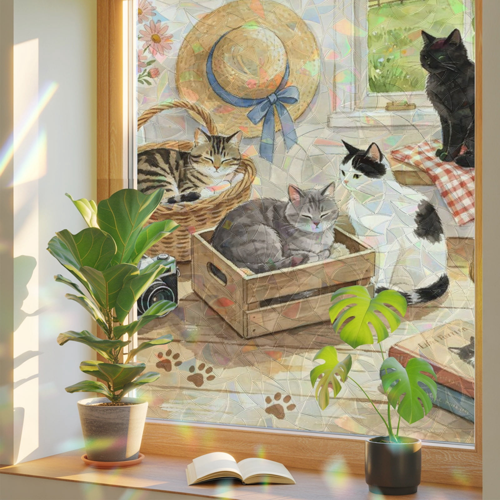 Black Cats Window Privacy Film, Rustic Basket Hat Pink Flower Barn ...
