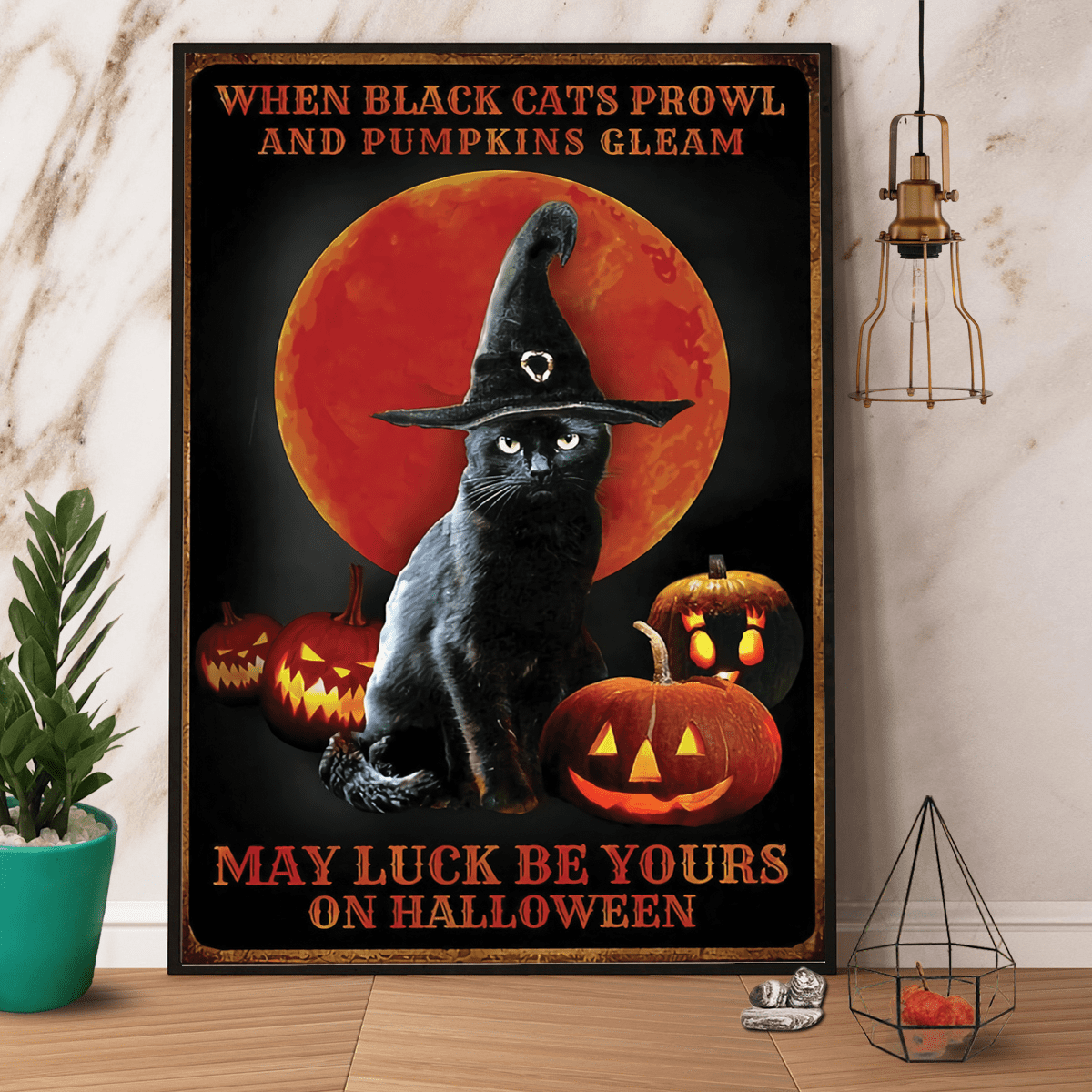 Black Cats With Witch Hat Red Moon Spooky Pumpkins May Luck Be Yours On ...