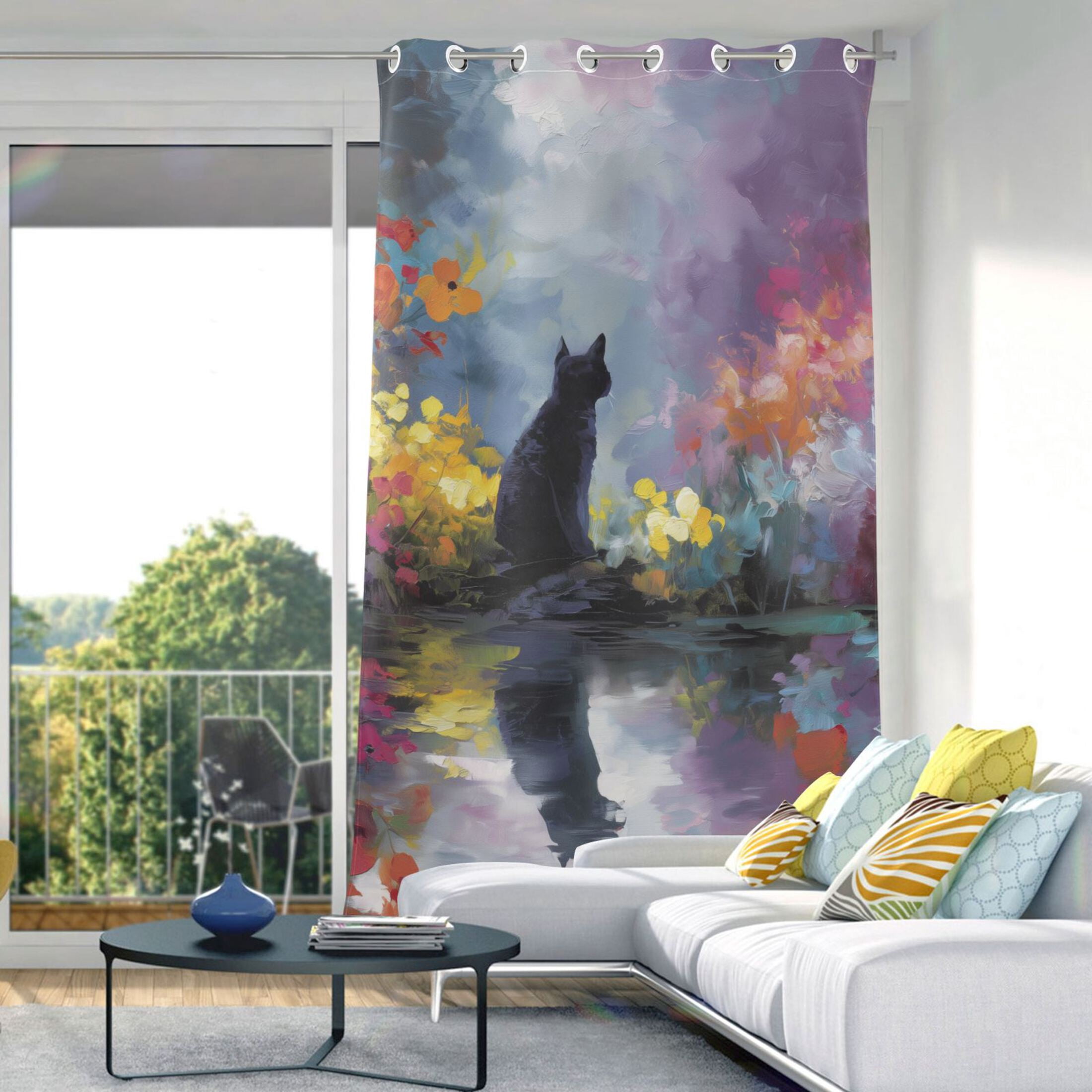 Black Cats with Color Flowers Curtain Light Filtering Thermal Insulated ...