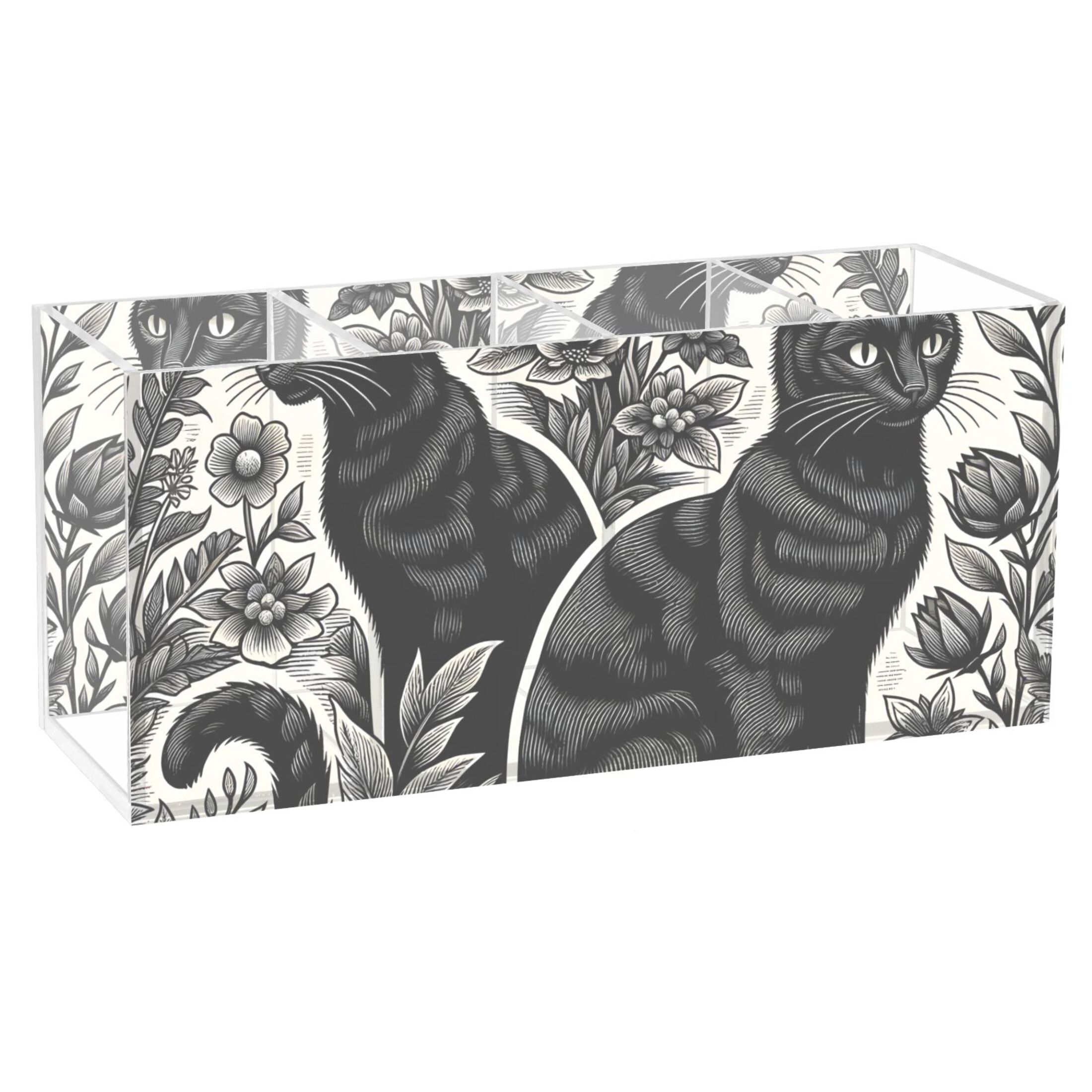 Black Cats with Flowers Acrylic Pen Holder 4 Compartments Clear Pencil ...