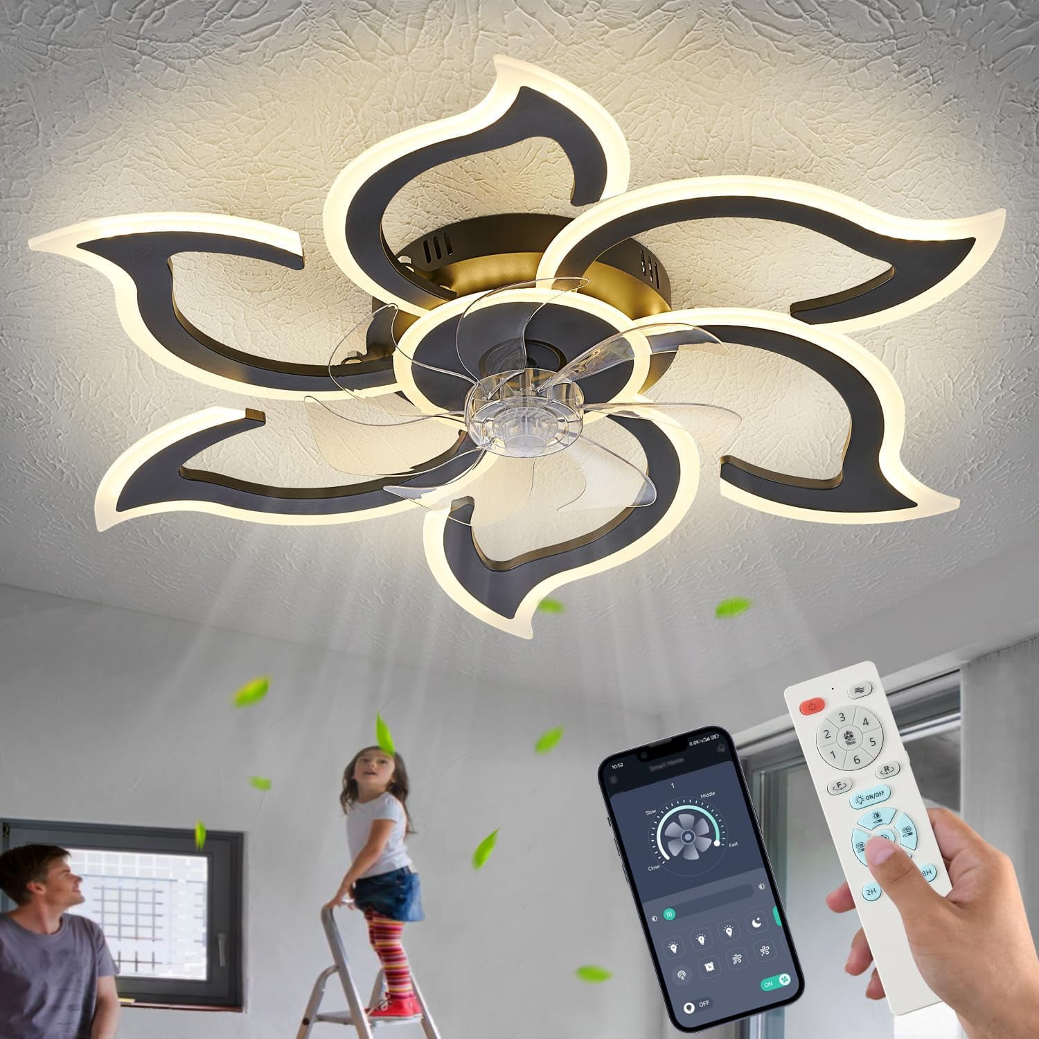 Black Ceiling Fan with Lights, 35" Modern Ceiling Fan with Light Remote ...