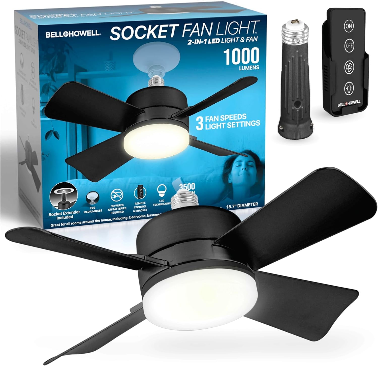 Black Ceiling Fans with Lights and Remote, Socket Fan Light with Remote ...