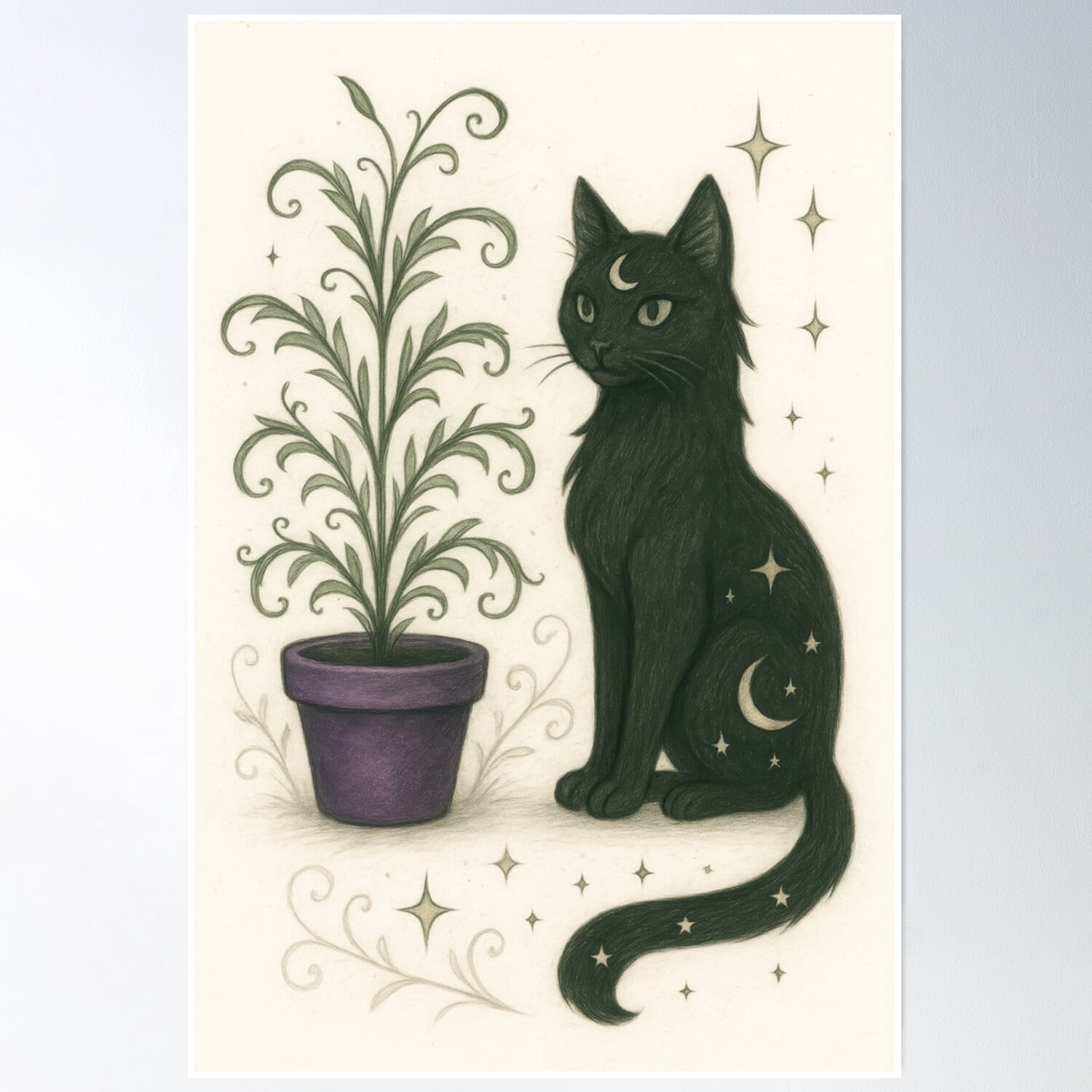 Black Celestial Cat With Plant Poster Wall Art Modern Wall Decor Art ...