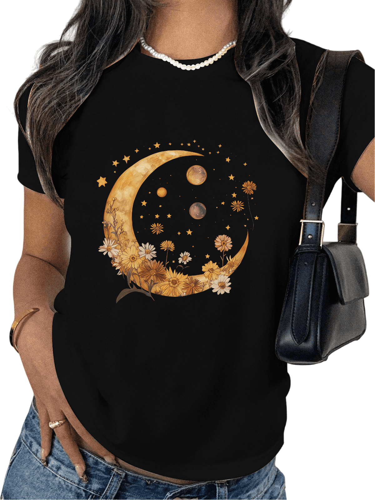 Black Celestial Moon Star Floral Print Tshirt Graphic Tees Shirts Boho ...