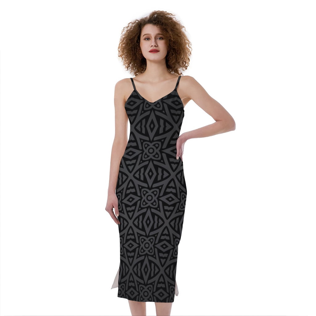Black Celtic Symbol Pattern Print Slim Fit Midi Cami Dress, Irish St ...
