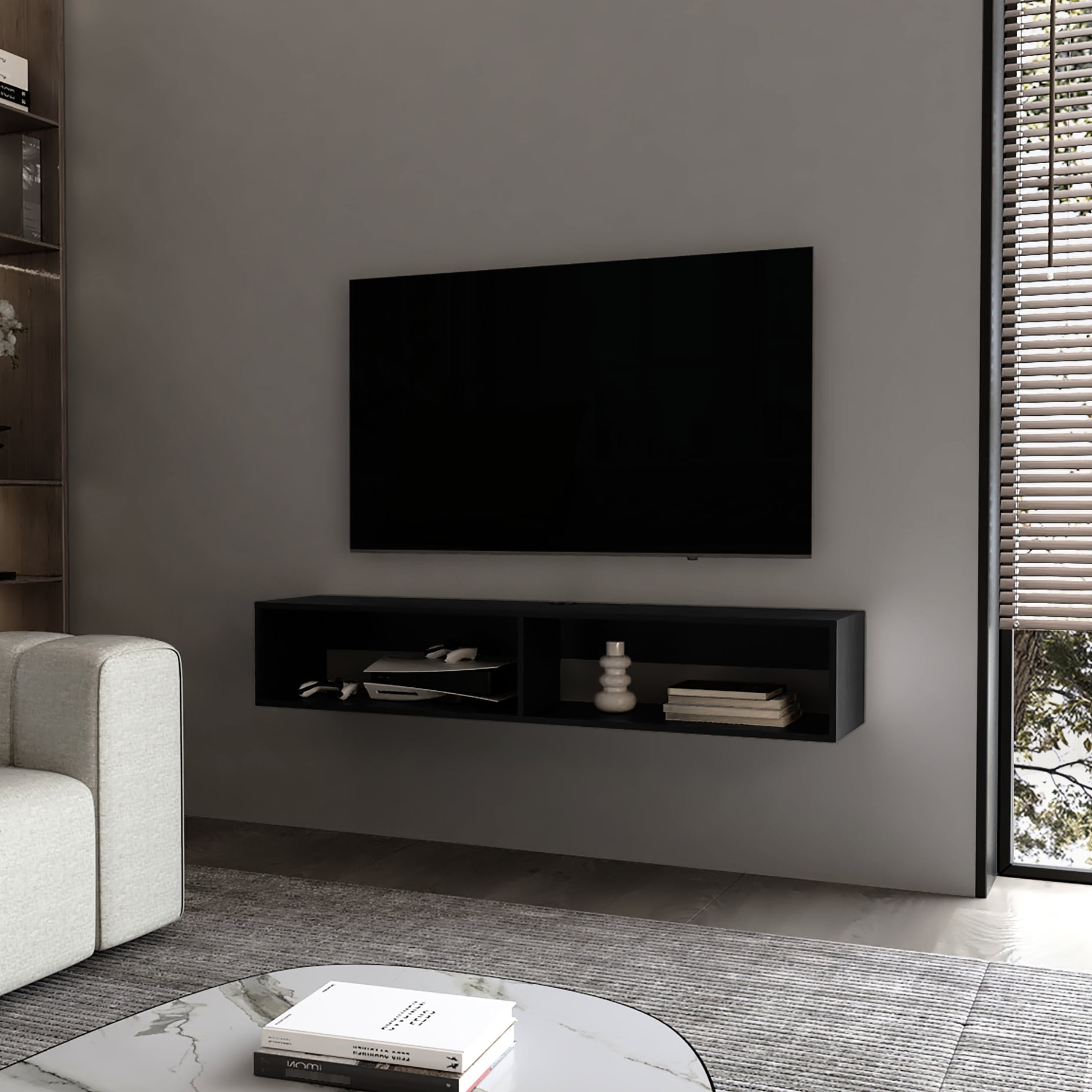 Black Central Floating Media Shelf For Multimedia Devices And Storage ...