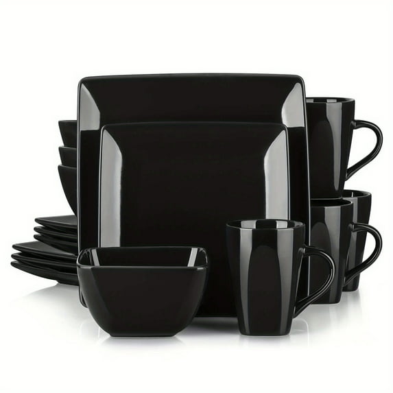 Black Ceramic 16-Piece Square Dinnerware Set - Porcelain Dinner Plate, Dessert Plate, Bowl, Mug ...