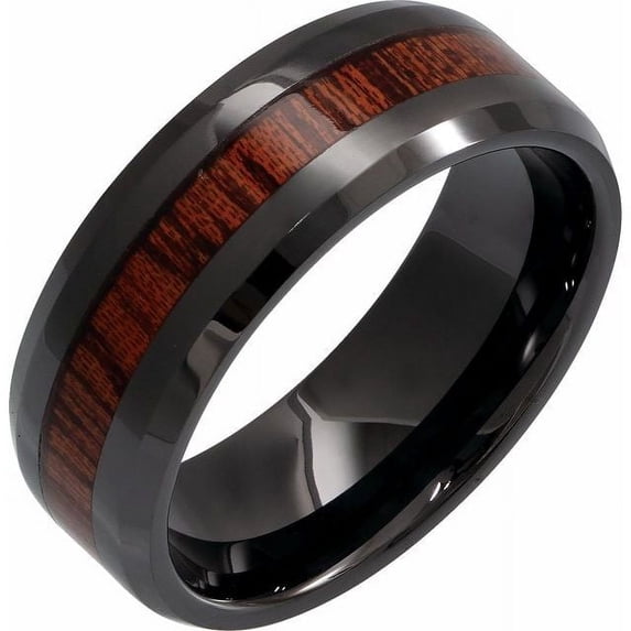 Black Ceramic Beveled-Edge Mahogany Wood Inlay 8 mm Comfort-Fit Band ...