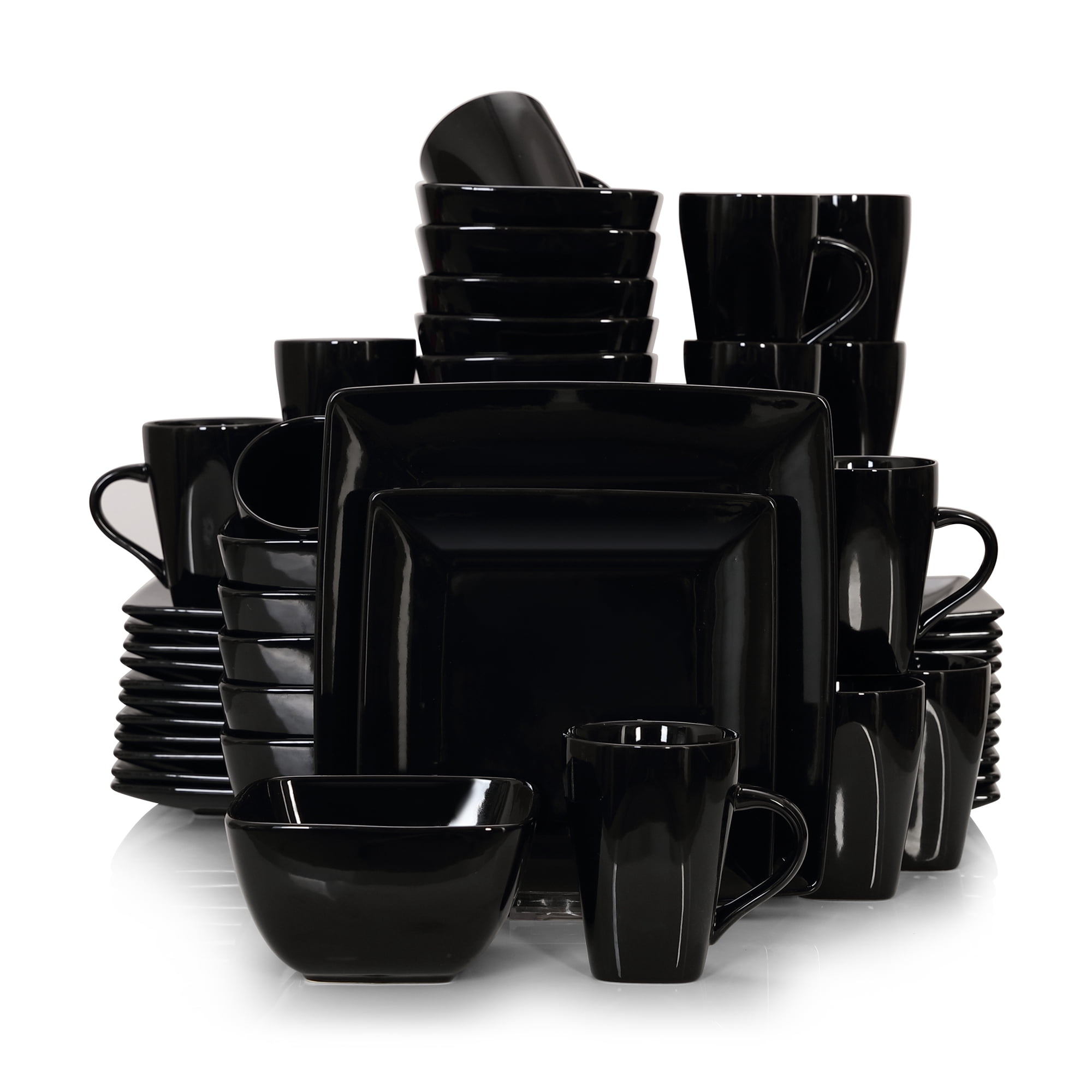 Black Ceramic Dinnerware Set 48 Piece Square Porcelain Plates, Bowls ...