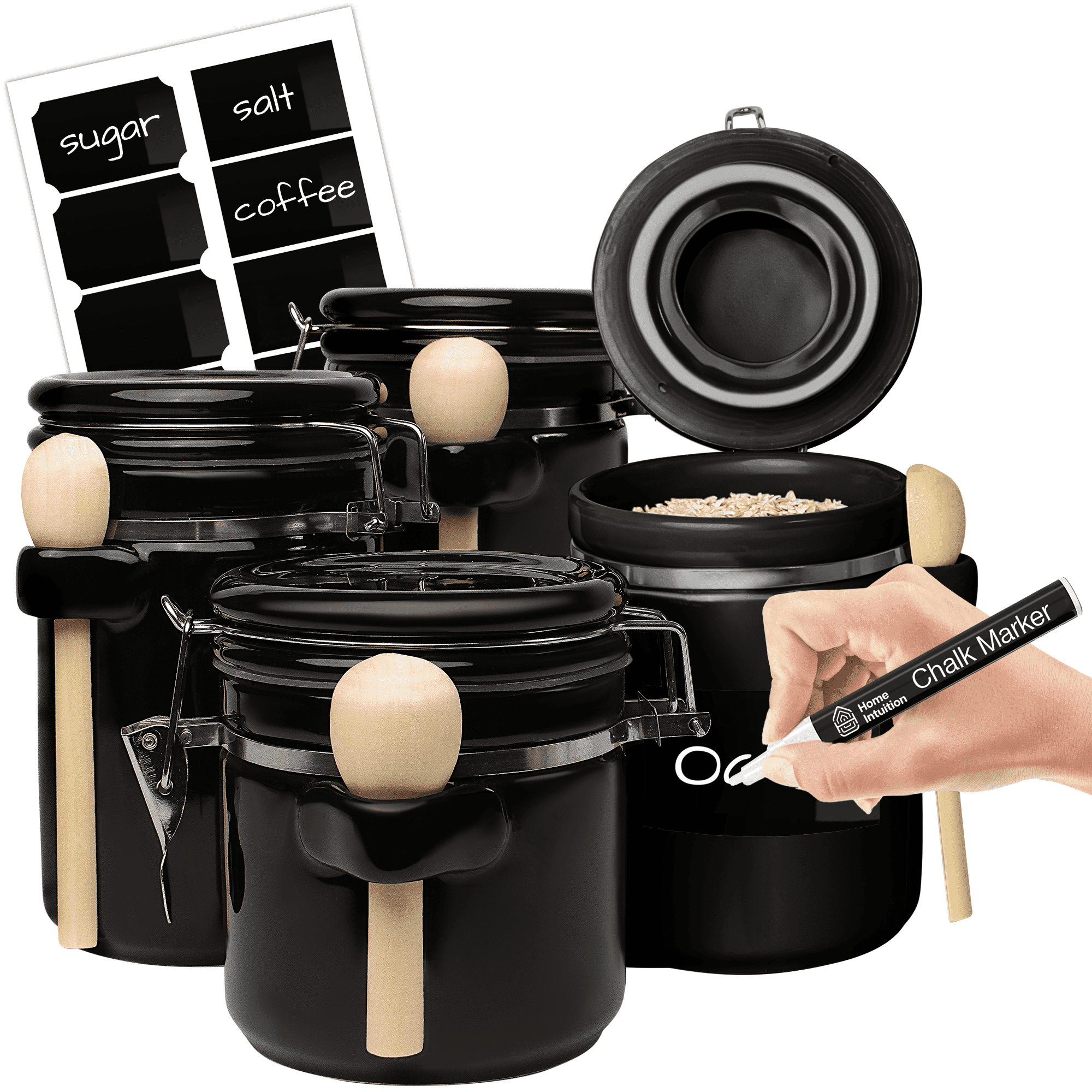 Home Intuition Black Ceramic Airtight Kitchen Canisters Set, 4 Sizes ...