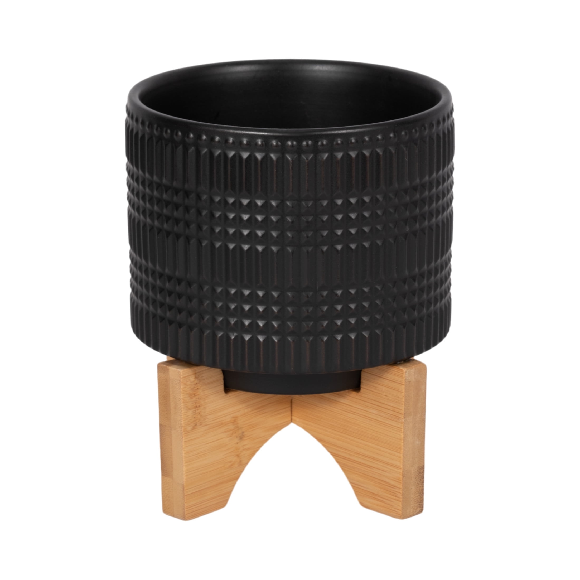 Black Ceramic Planter with Bamboo Wood Stand - Modern Ceramic Plant Pot ...