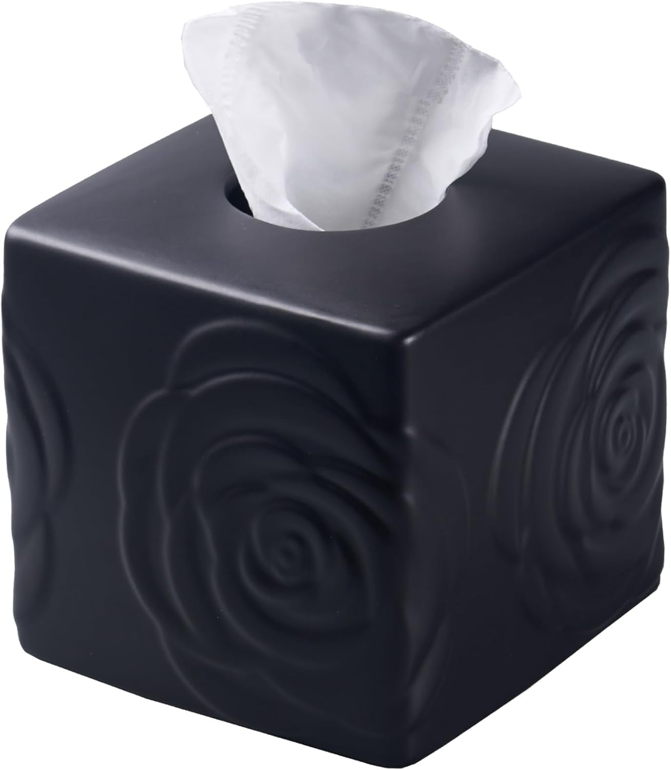 Black Ceramic Rose Tissue Box Cover, Carved Flowers Large Square Tissue ...