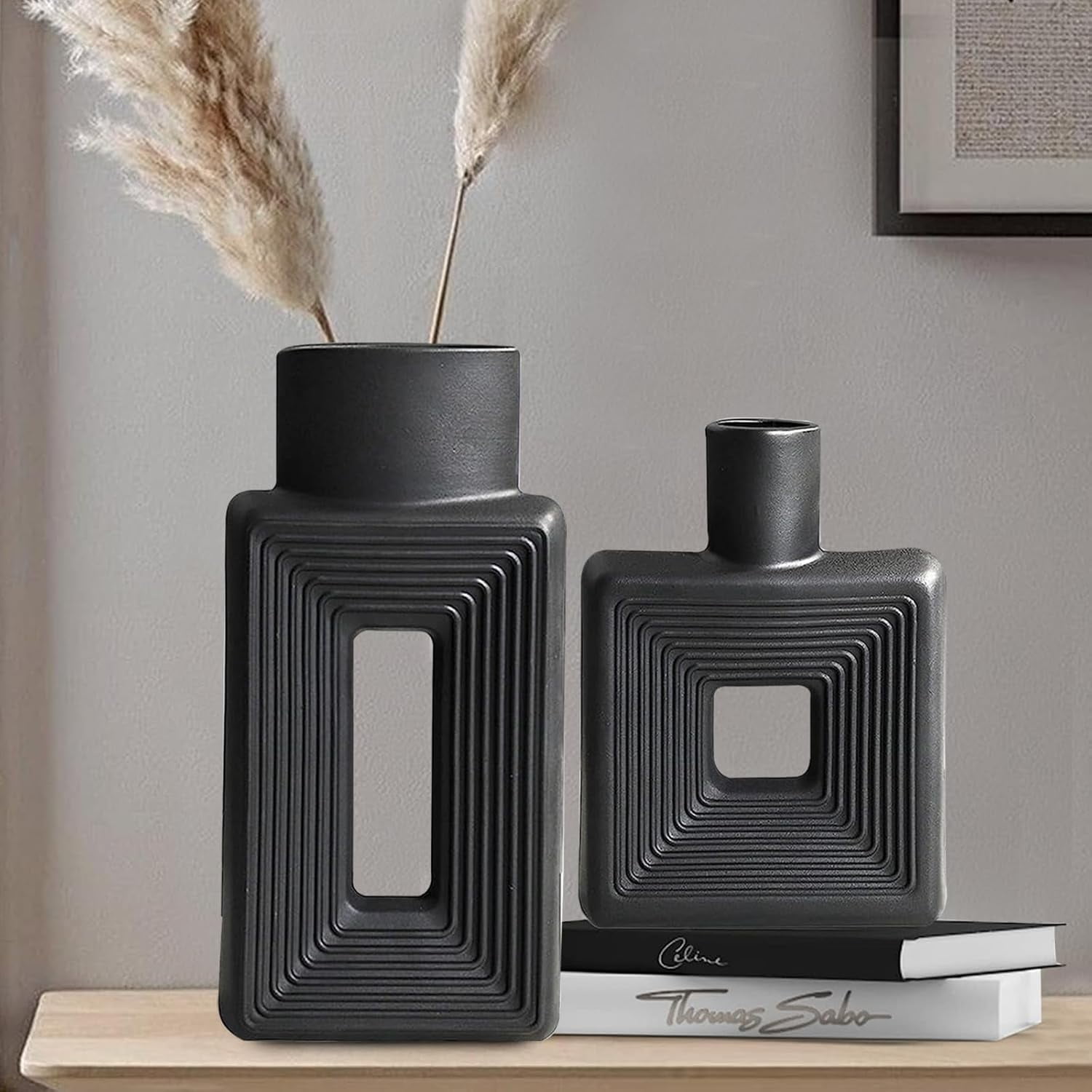 Black Ceramic Square Vase Set of 2, Big Donut Hollow Matte Pampas ...