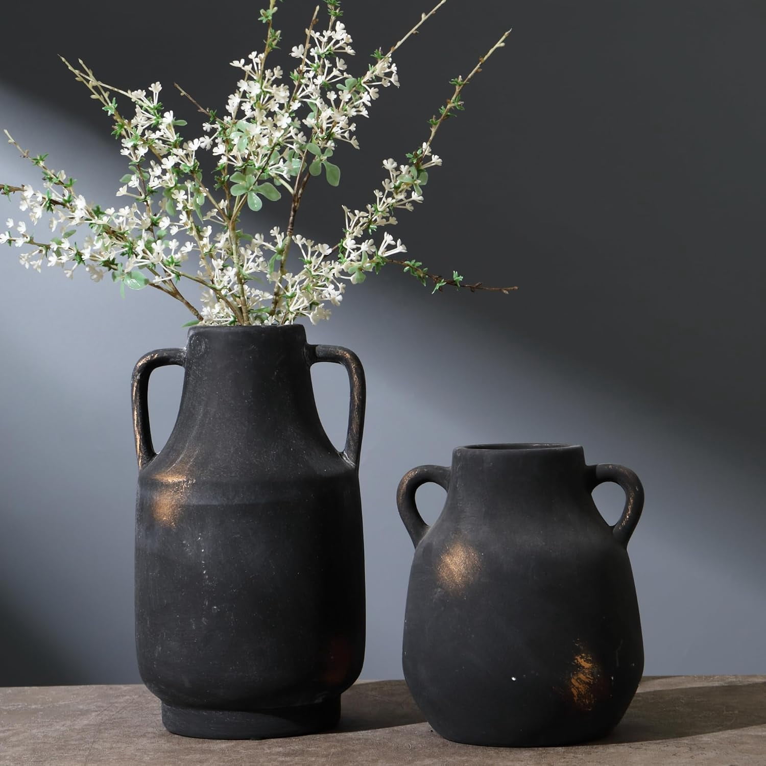 Black Ceramic Vase, Decorative Terracotta Vase with Handle, Round ...