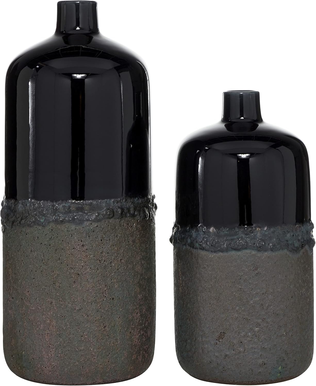 Black Ceramic Vase Set of 2 - Rustic Bottle-Shaped Tabletop Decor for Flowers or Standalone ...