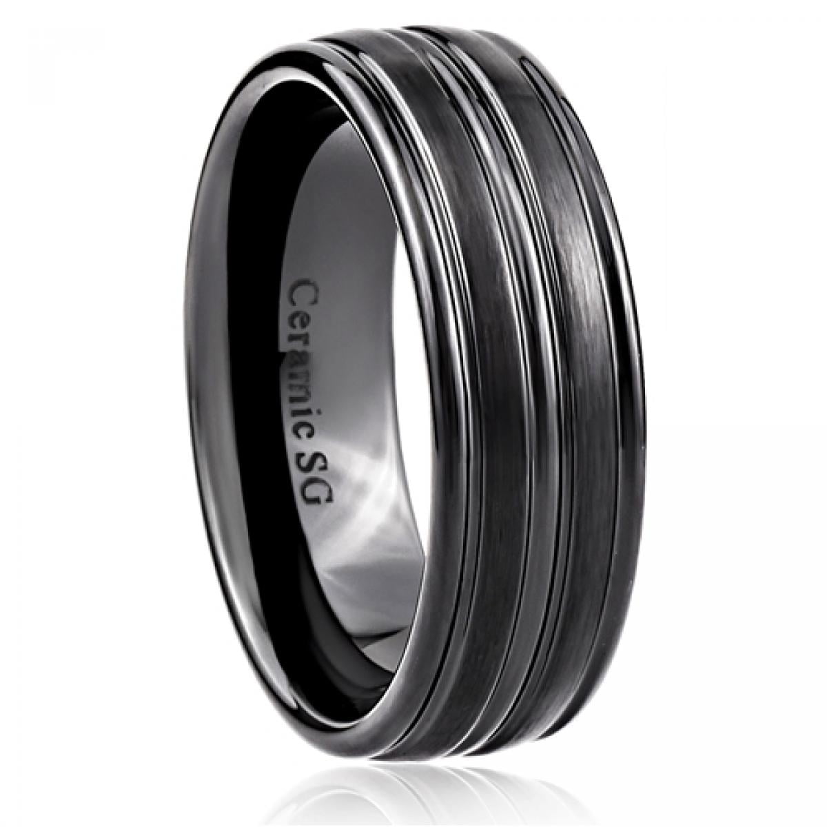 Black Ceramic With Groove Center And Satin And High Polish Finish Ring ...