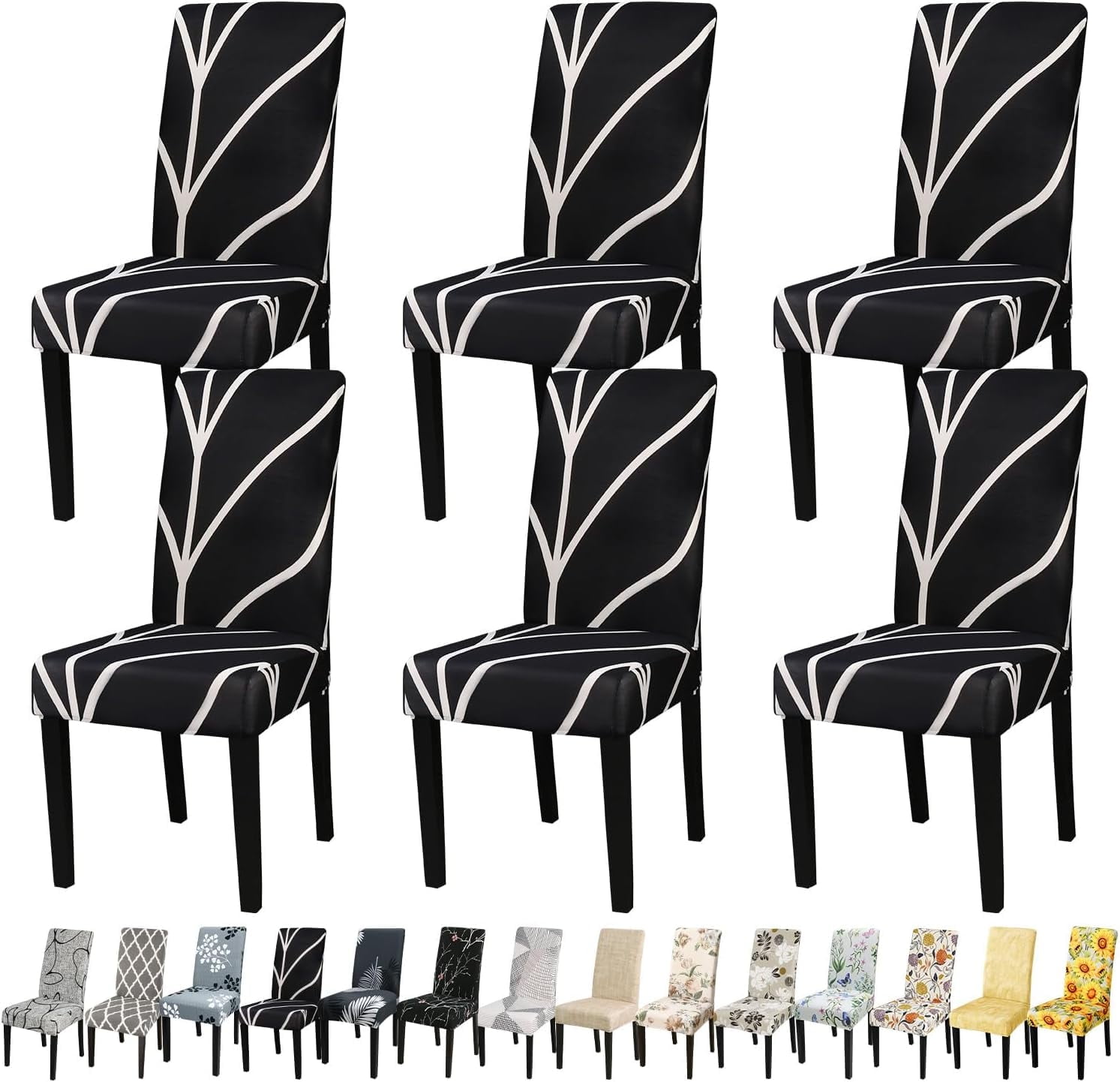 Black Chair Covers for Dining Room Set of 6, High Stretch Removable ...