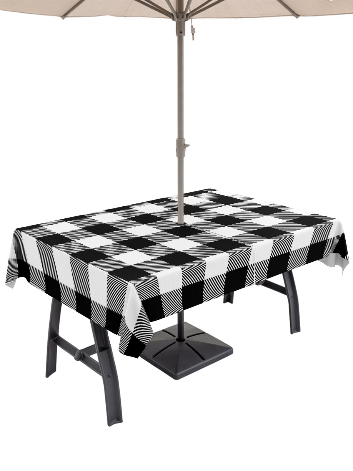 Black Check Plaid Rectangle Outdoor Tablecloth with Umbrella Hole Black ...