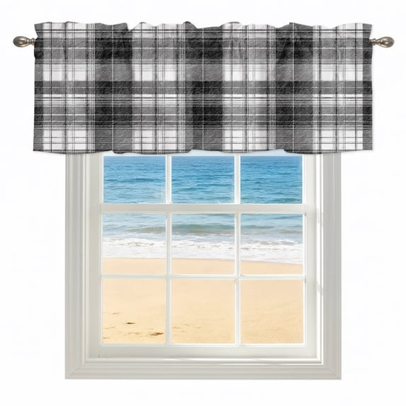 Black Checked Plaid Valances for Windows, Rod Pocket Kitchen Valance ...