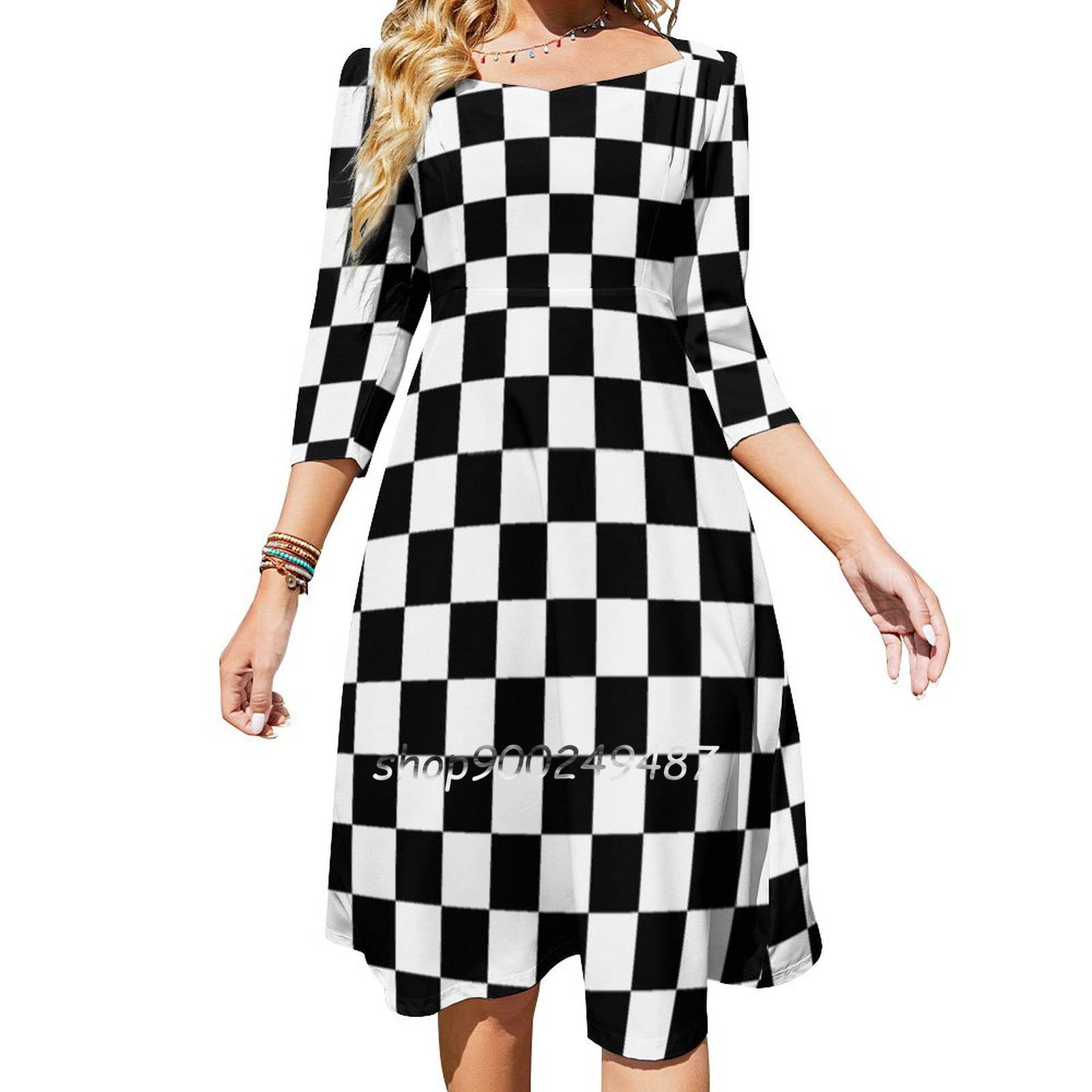 Black Checkerboard Sweetheart Knot Flared Dress Fashion Design Large ...